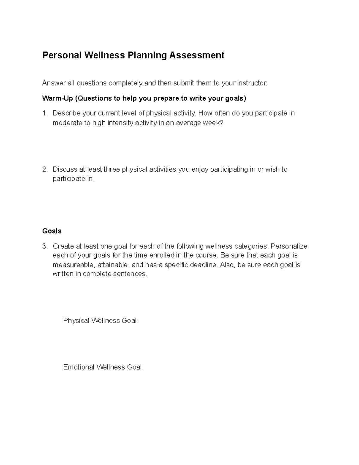 Wellness assessment - Personal Wellness Planning Assessment Answer all ...