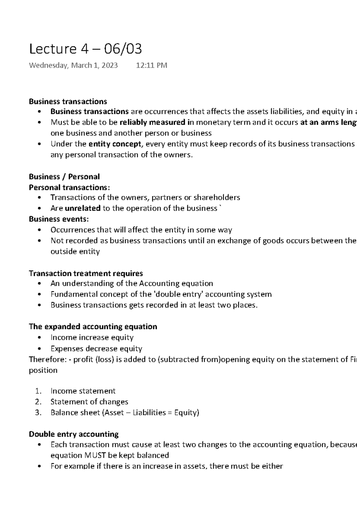 Bsns 115 Lecture 4 2023 - Business transactions - Business transactions ...