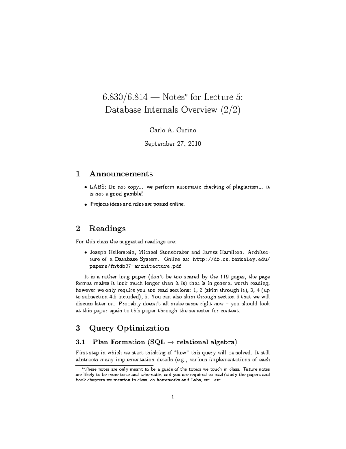 LEC05 - n/a - 6/6 — Notes ∗ for Lecture 5: Database Internals Overview ...