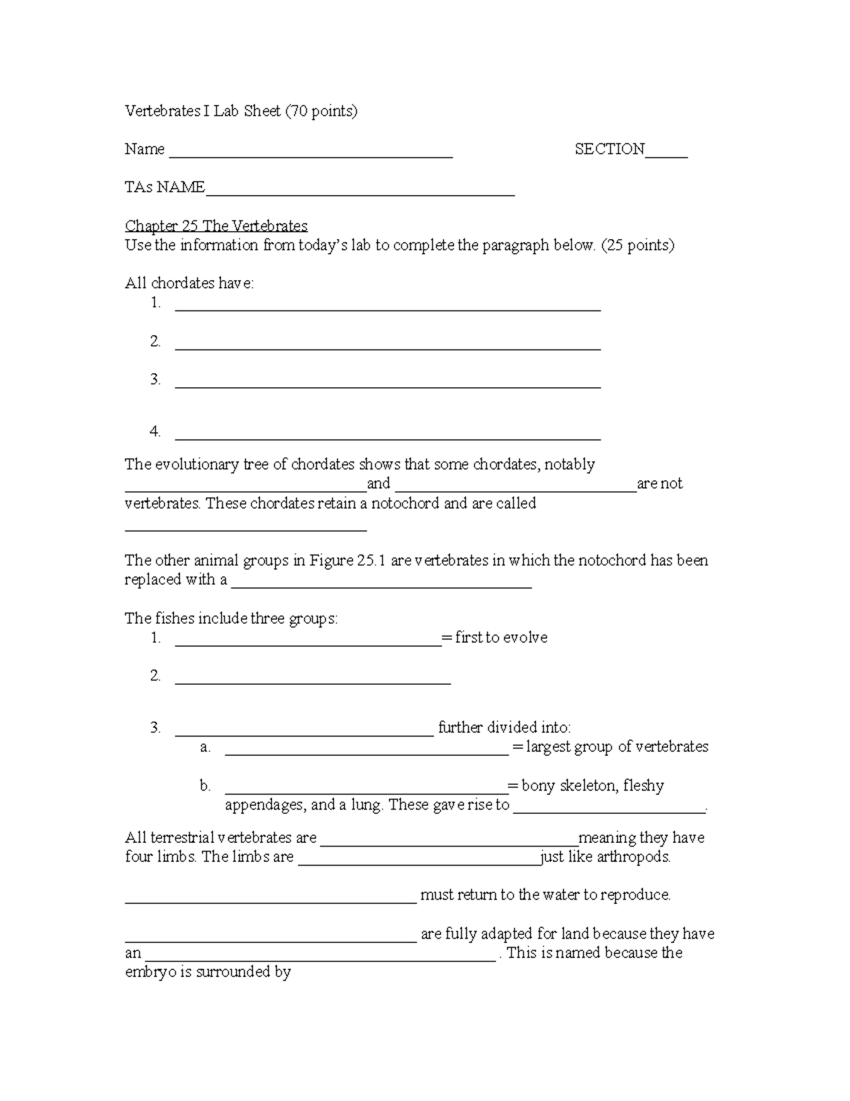 Vertebrate 1 Worksheet S23 - Vertebrates I Lab Sheet (70 points) Name ...