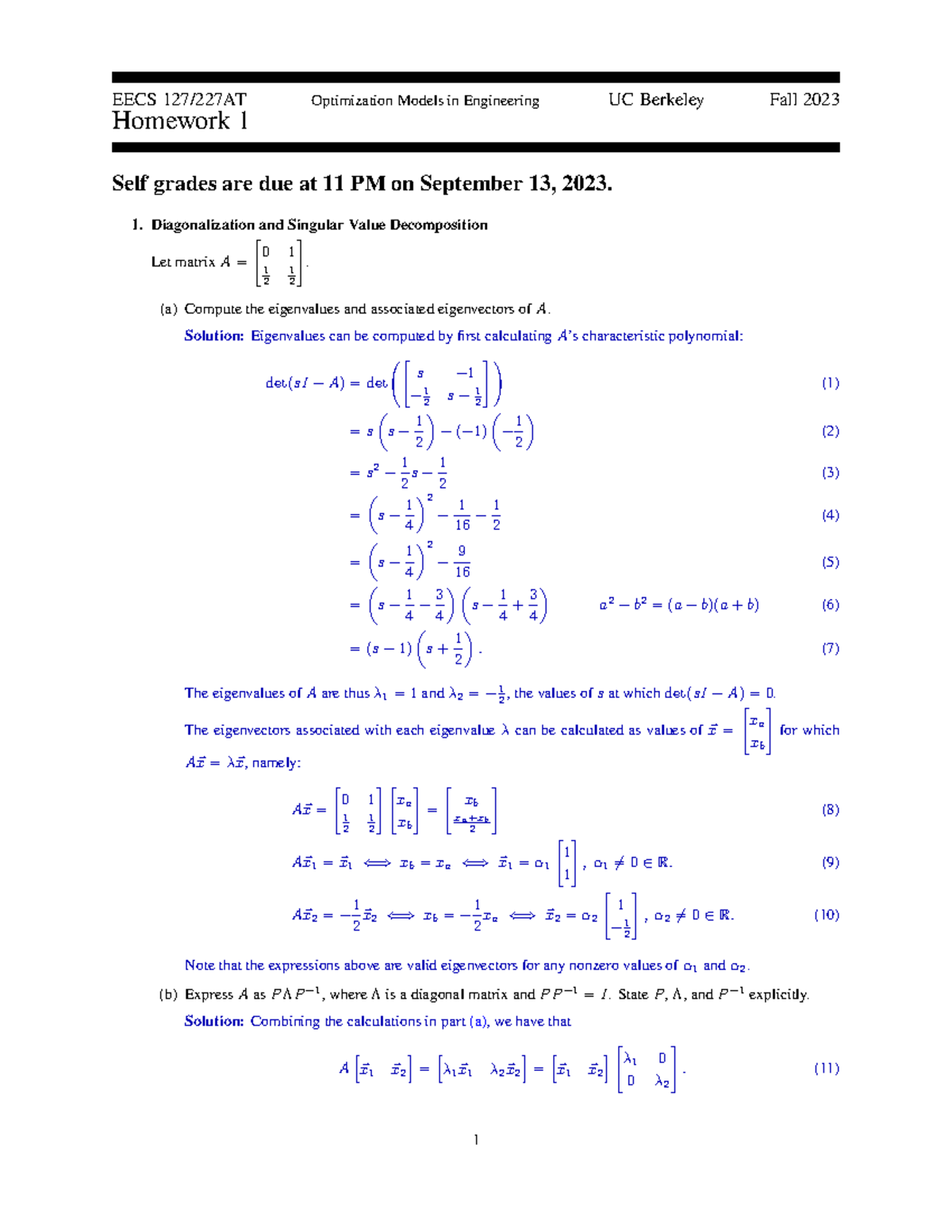 Hw01 Sol Hw Assignment Eecs 127227at Optimization Models In Engineering Uc Berkeley Fall