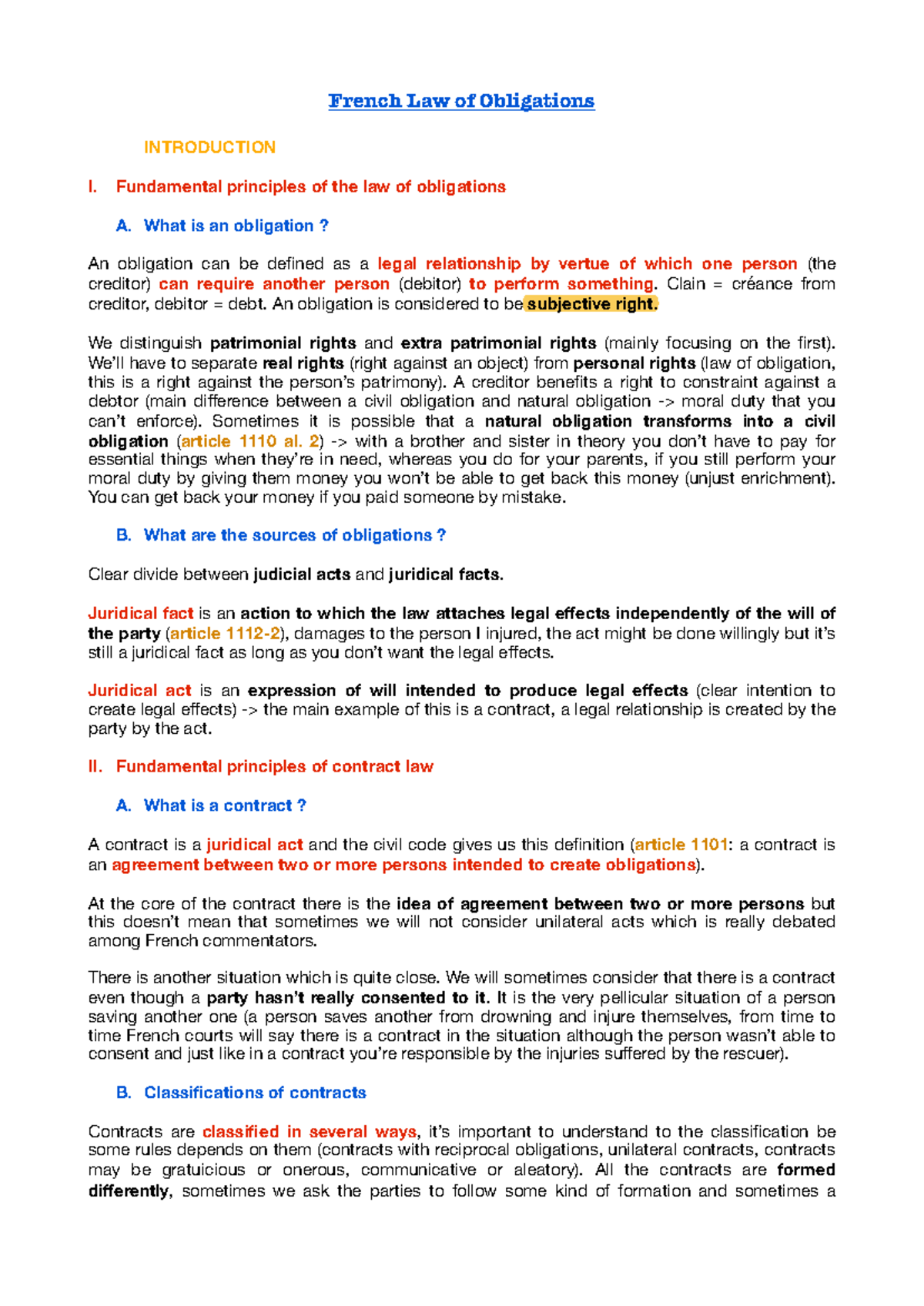 PART 1 FLO - French Law of Obligations INTRODUCTION I. Fundamental ...