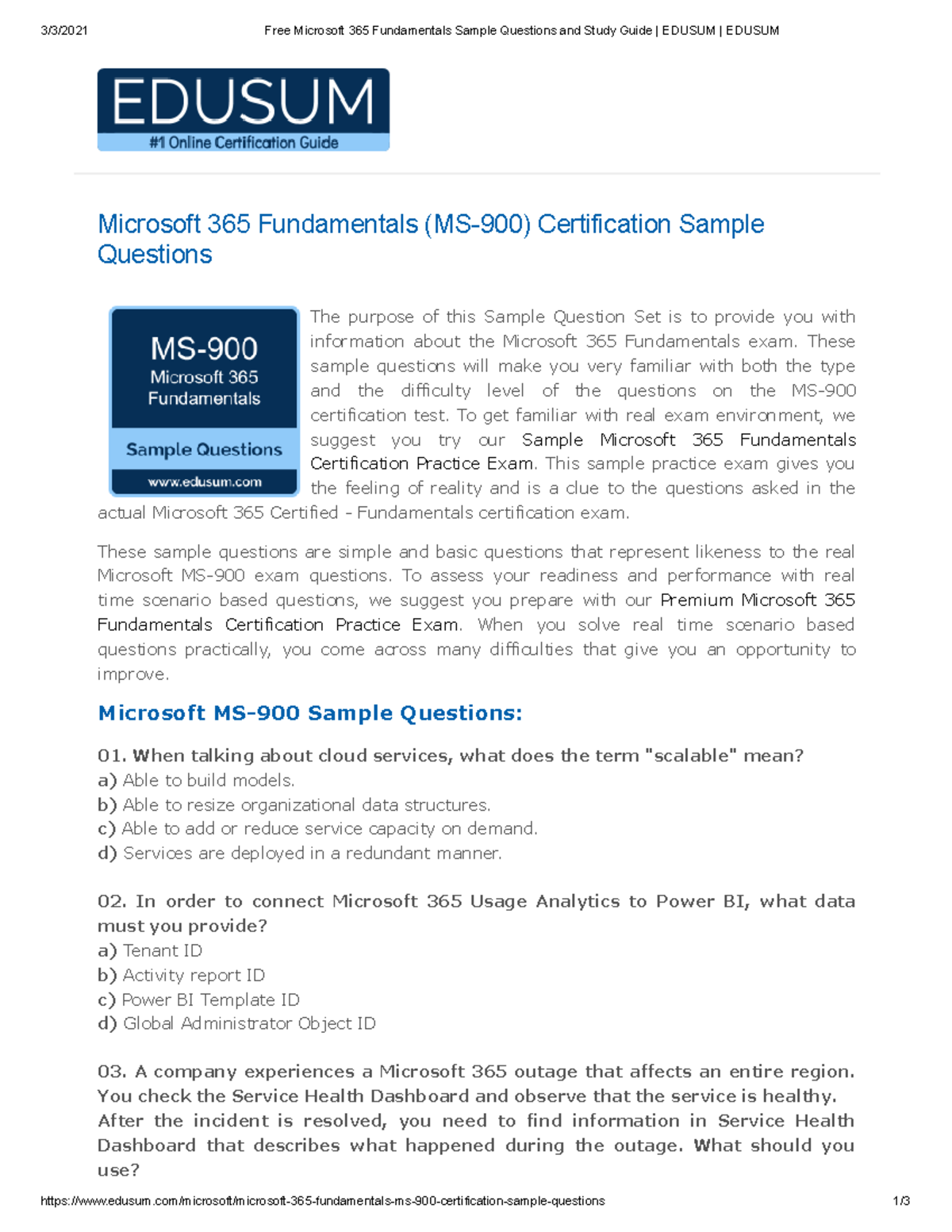 Edusum MS900 practice exam - 3/3/2021 Free Microsoft 365 Fundamentals ...