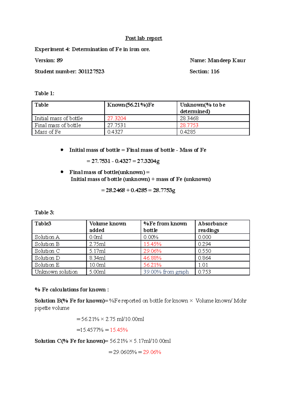 Post lab report experiment no 4 - Post lab report Experiment 4: Determination of Fe in iron ore ...
