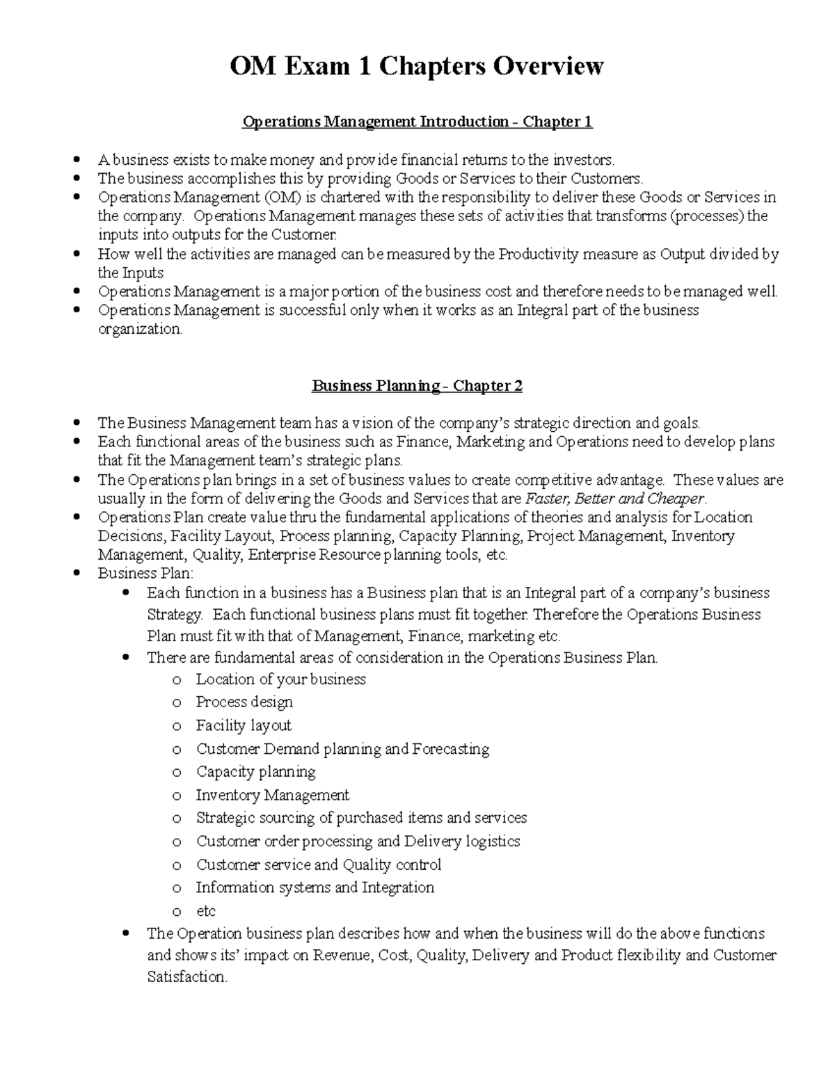 Exam 1 Topics Overview - OM Exam 1 Chapters Overview Operations ...