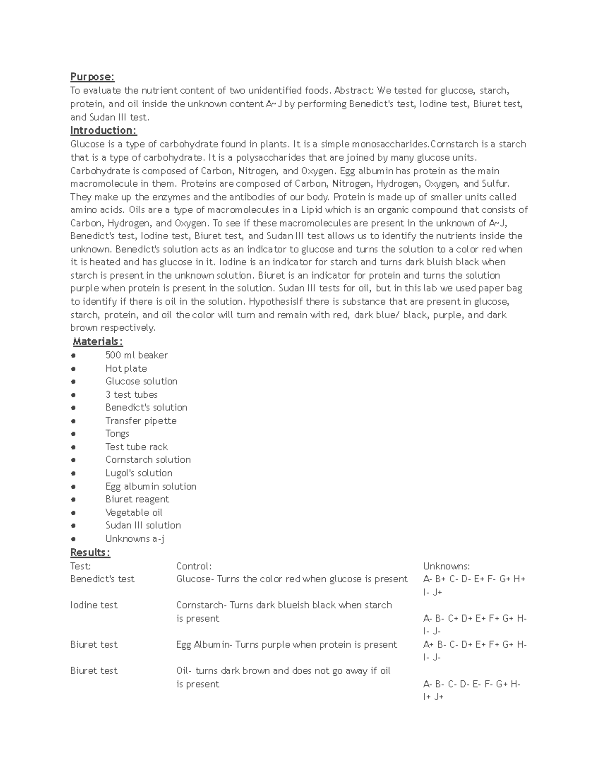 Identifying Nutrients - Purpose: To evaluate the nutrient content of two unidentified foods ...