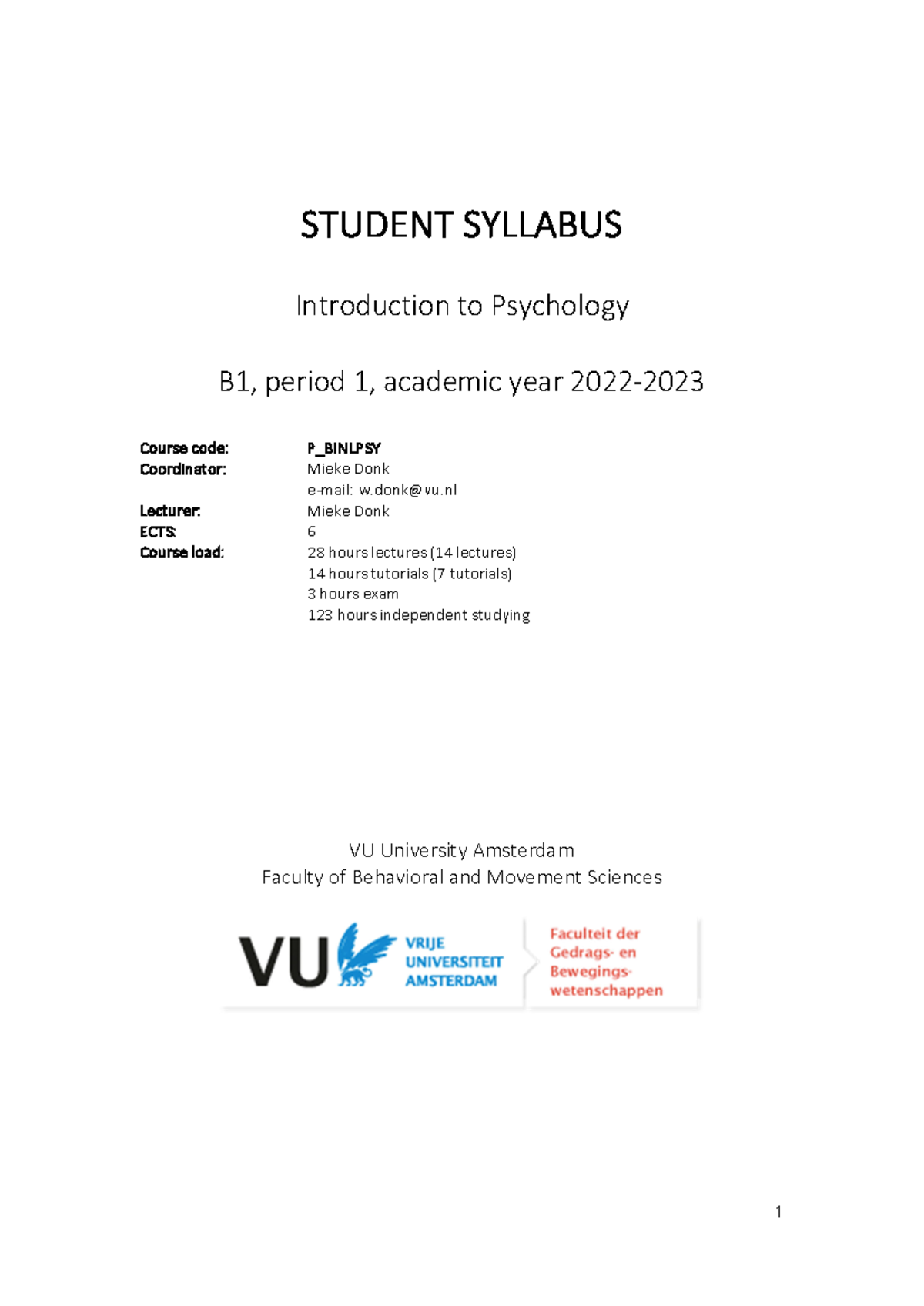 Handleiding intro psych - STUDENT SYLLABUS Introduction to Psychology ...