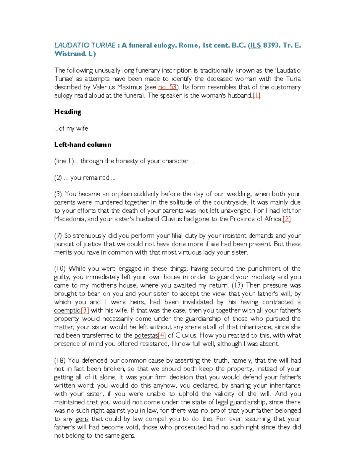 Laudatio Turiae - LAUDATIO TURIAE : A funeral eulogy. Rome, 1st cent. B ...