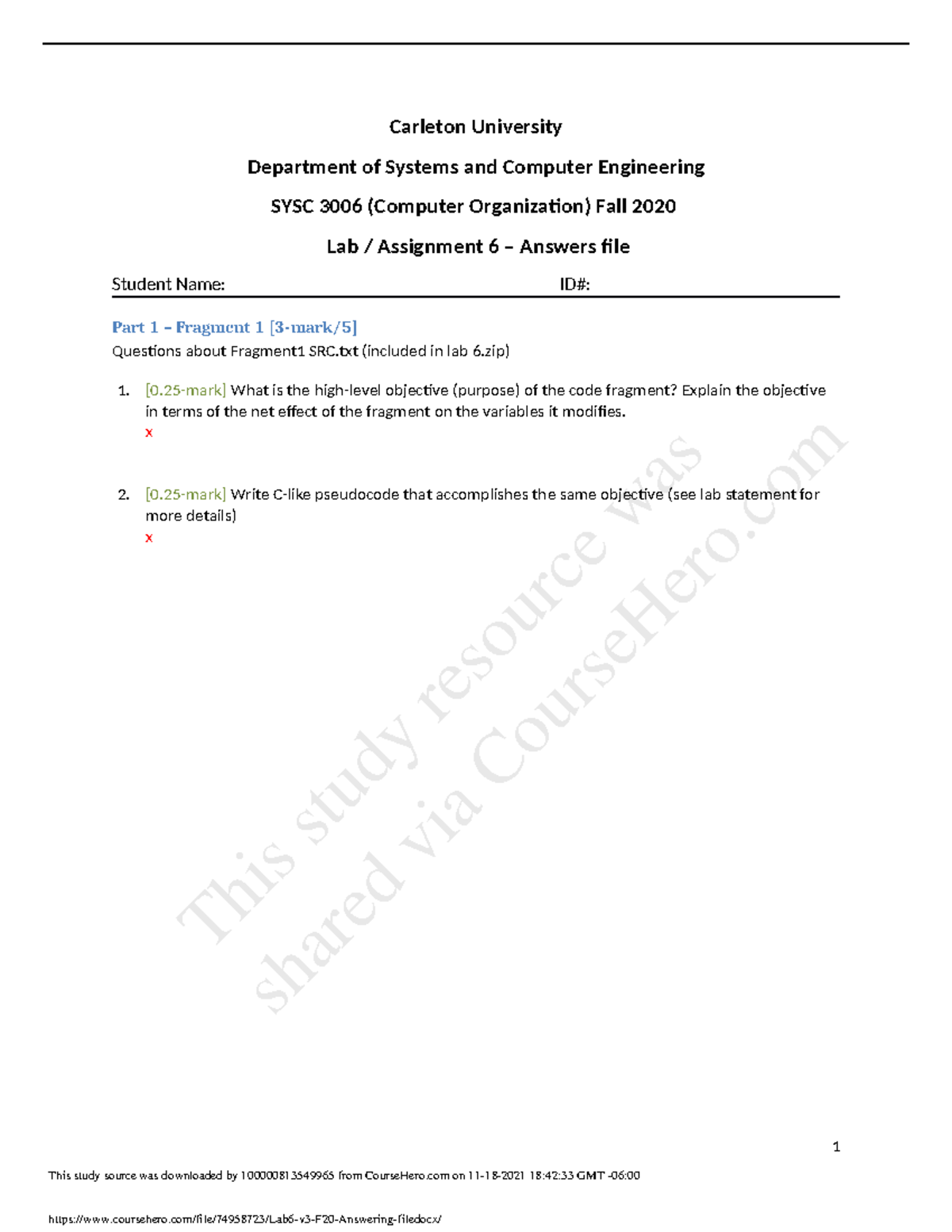 Lab 6 Fall 2020 Answering file report - Sysc 3600 - Carleton - Studocu
