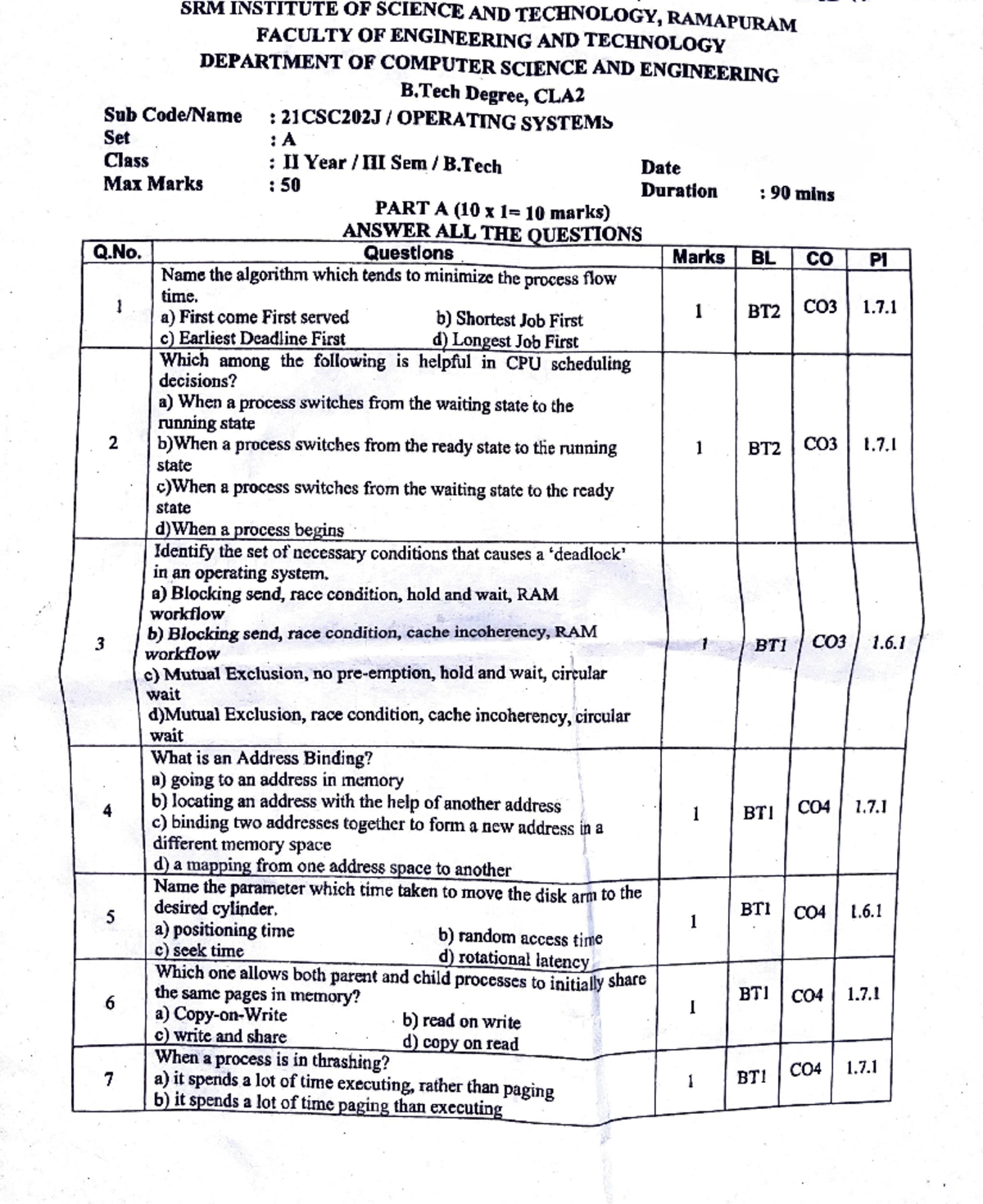 21CSC202J CT2 - Operating systems Ct 2 QP (unit 3,4,5) - SRM INSTITUTE ...