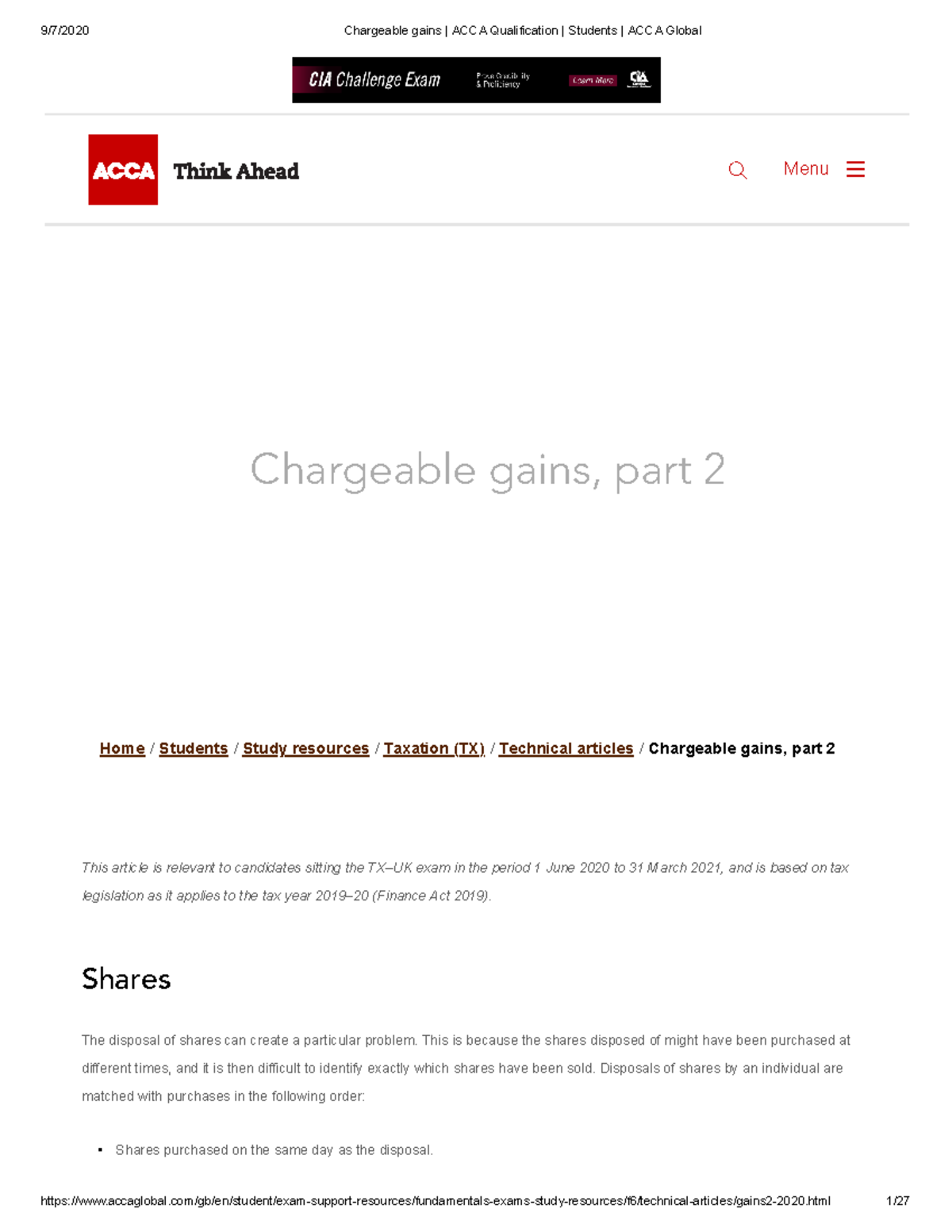 Chargeable gains 2 ACCA Qualification Students ACCA Global - Home ...