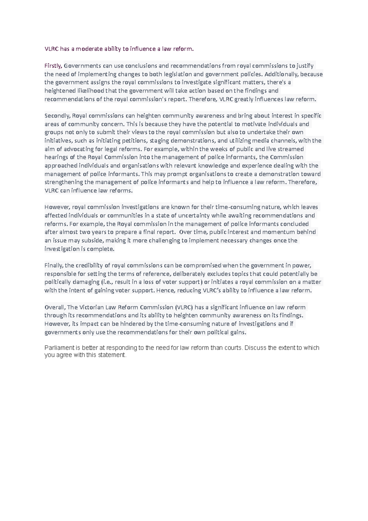 10 MARKS "discuss VLRC's ability to influence a law reform" - VLRC has ...