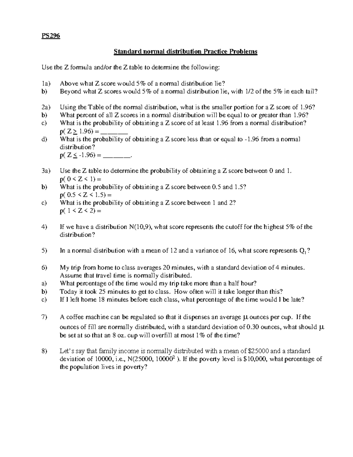 Practice problems z scores - PS29 6 Standard normal distribution ...