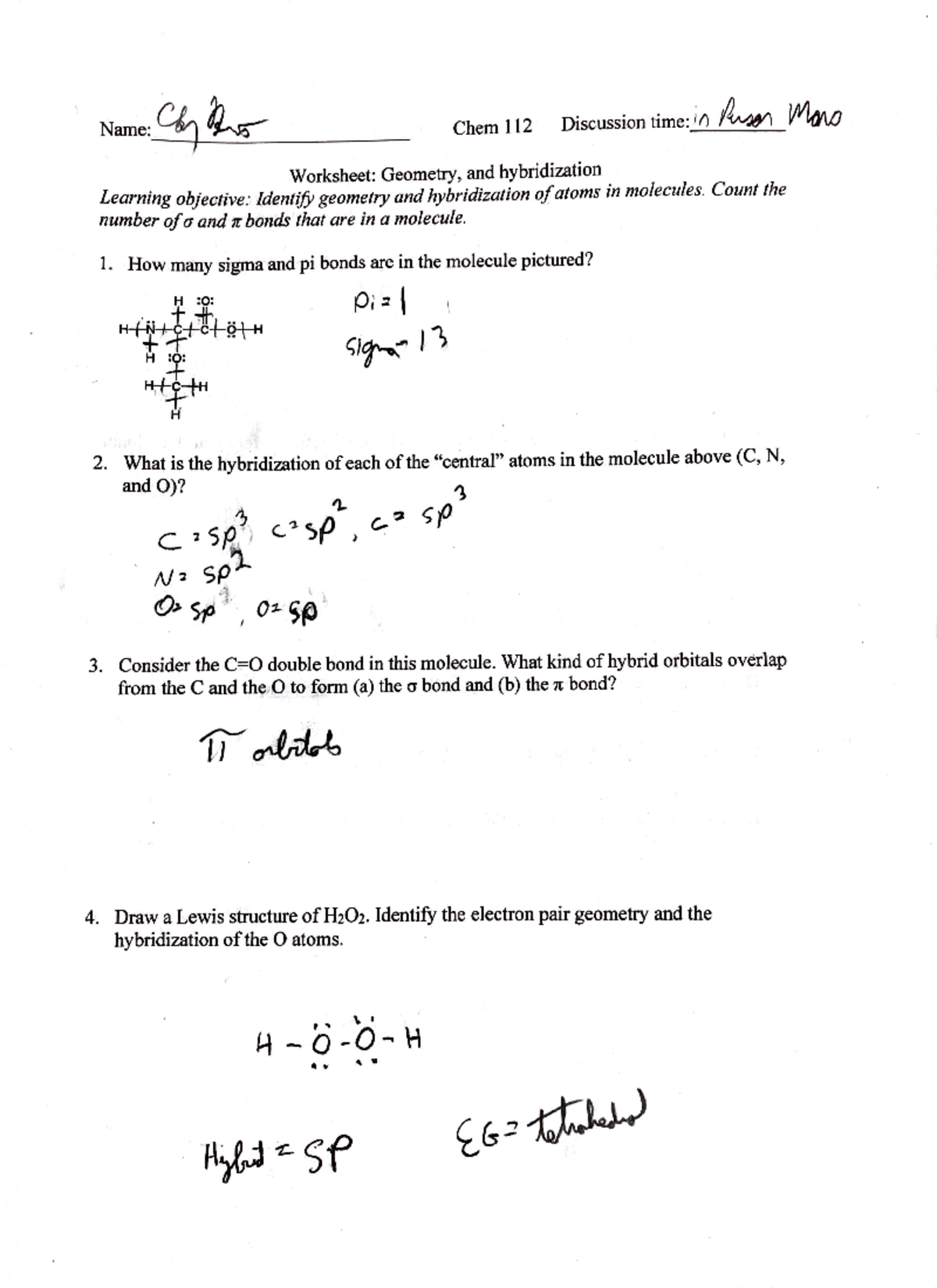 Chem 112 worksheet 2 - Name:9gk Chem 112 Discussion time: ii) ~ ~ Worksheet: Geometry, and - Studocu