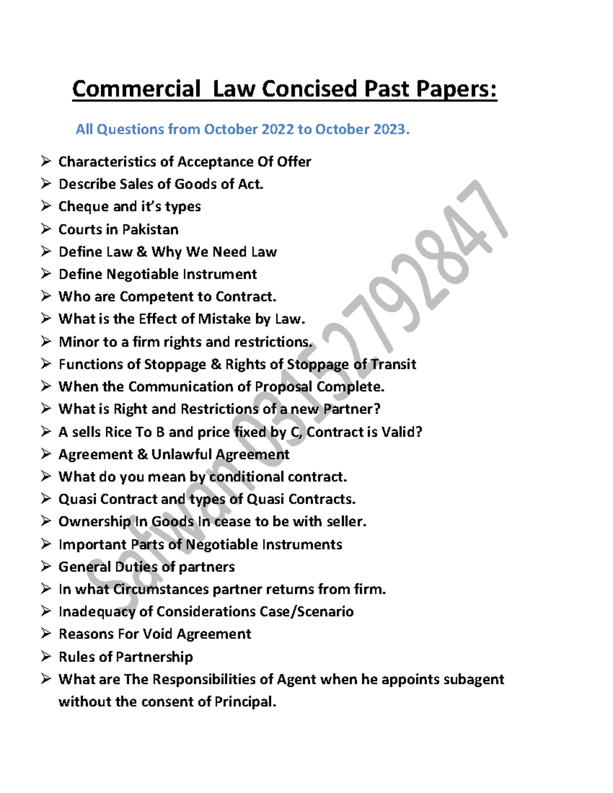 Commercial Law Concised Past Paper - Characteristics of Acceptance Of ...