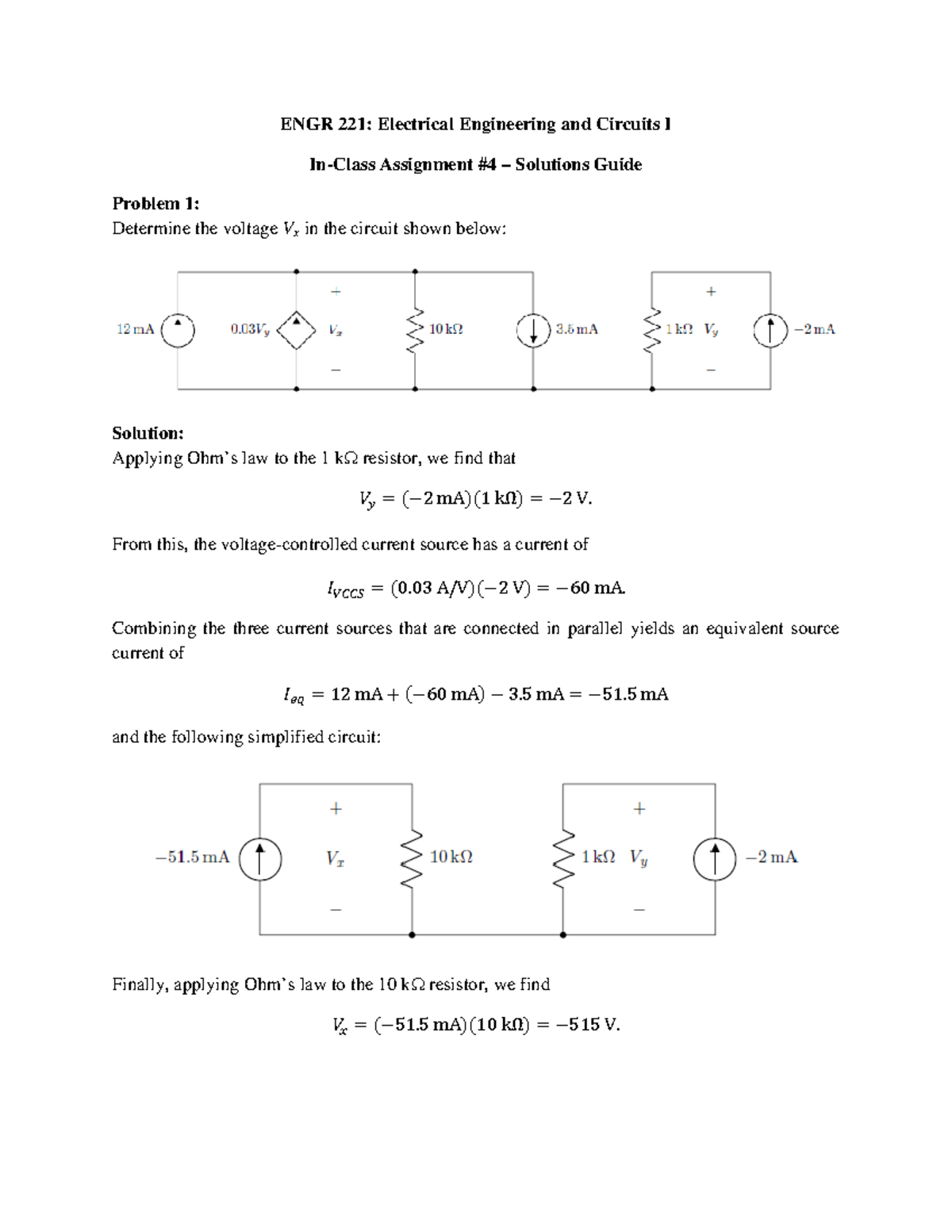 In-Class Assignment #4 - Solutions Guide - ENGR 221: Electrical Engineering and Circuits I In ...