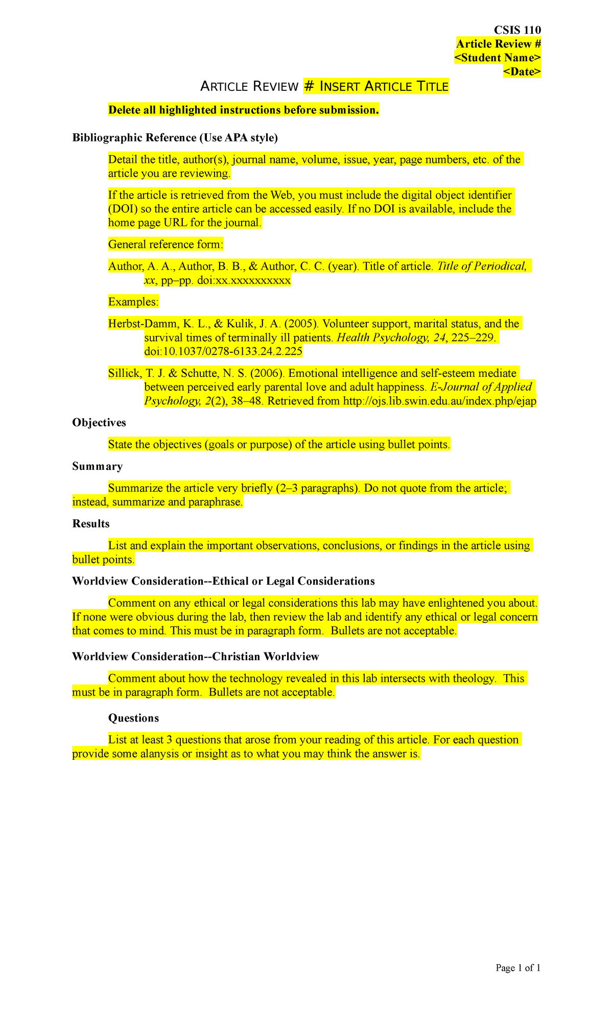 Article Review Template - CSIS 110 Article Review # ARTICLE REVIEW ...