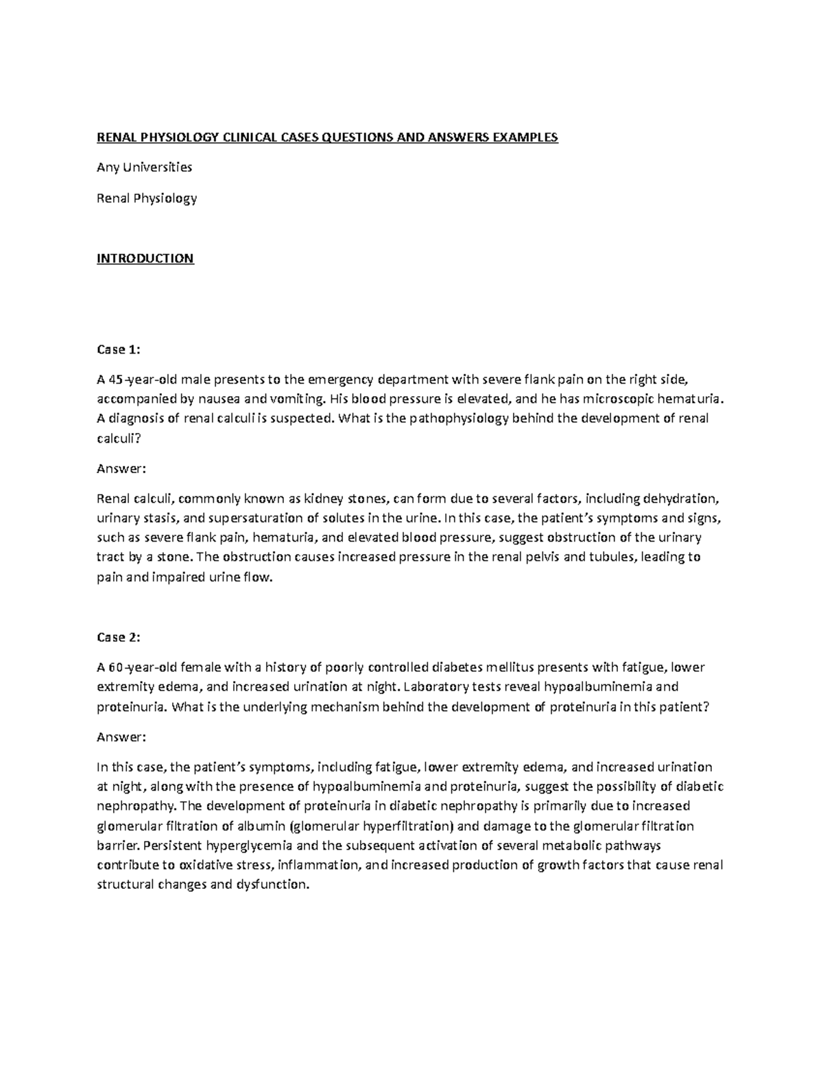 Clinical Case questions and Answers examples for renal Physiology ...