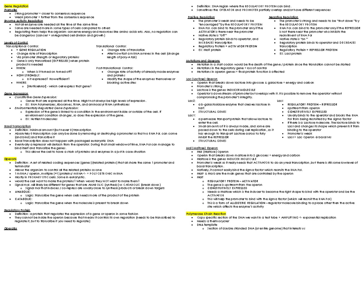Midterm 3 Cheat Sheet - Gene Regulation Promoter Strong promoter ...