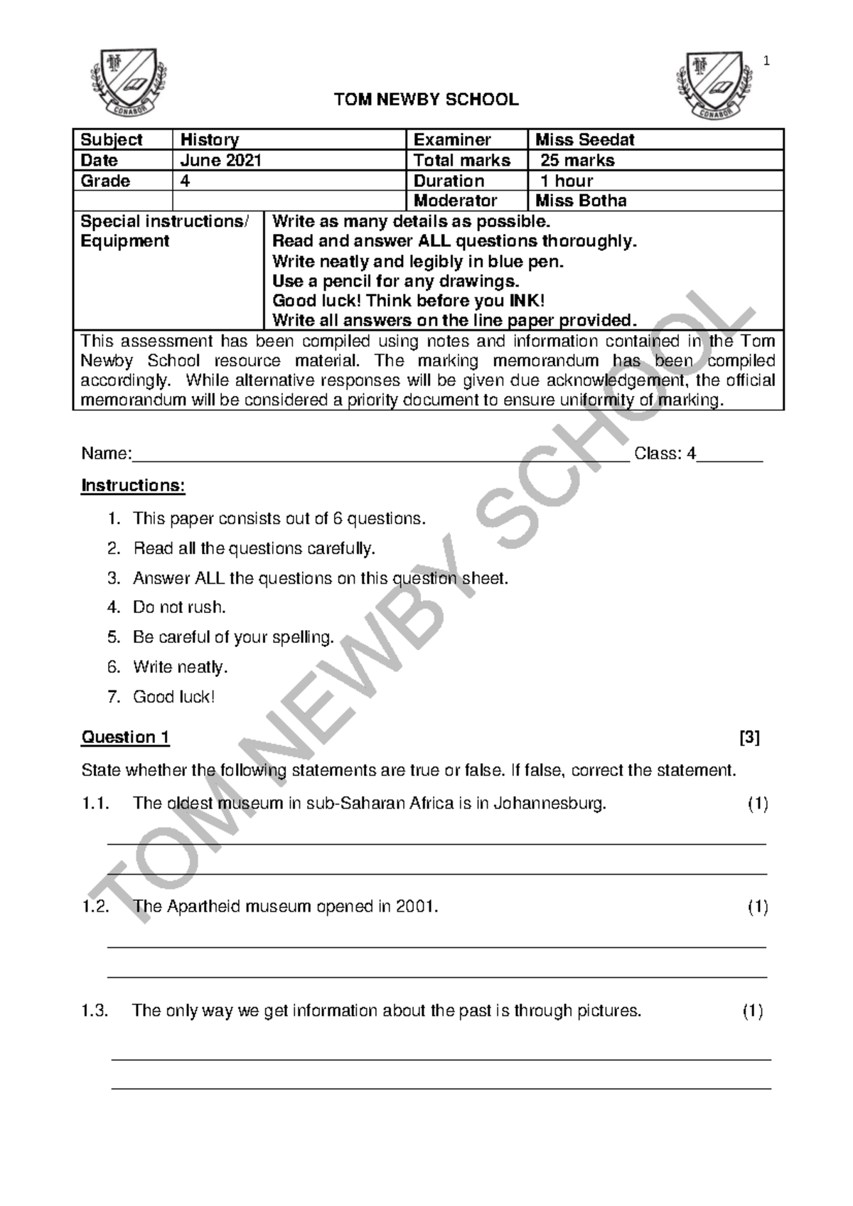 Grade 4 History Exam June 2021 - TOM NEWBY SCHOOL Subject History ...