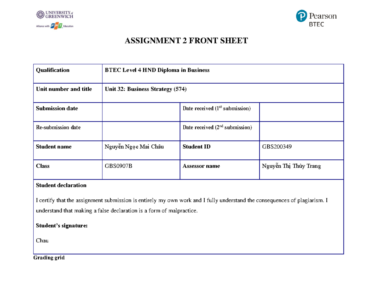 574 - ASM2 - Nguyễn Ngọc Mai Châu - ASSIGNMENT 2 FRONT SHEET Qualification BTEC Level 4 HND ...