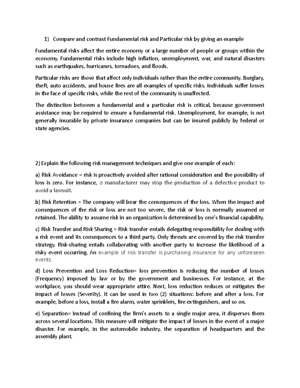 Compare and contrast Fundamental risk and Particular risk by giving an ...