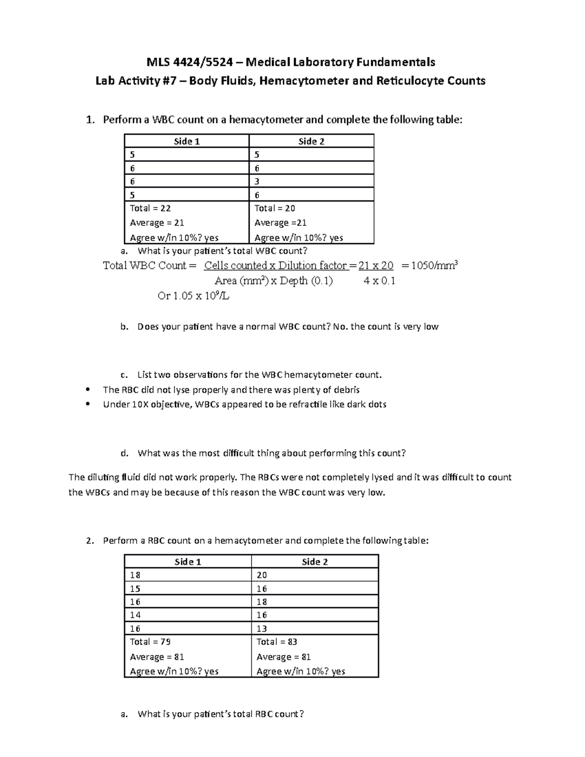 Lab7 - Lab activity - body fluids, hemacytometer and retic count - MLS ...