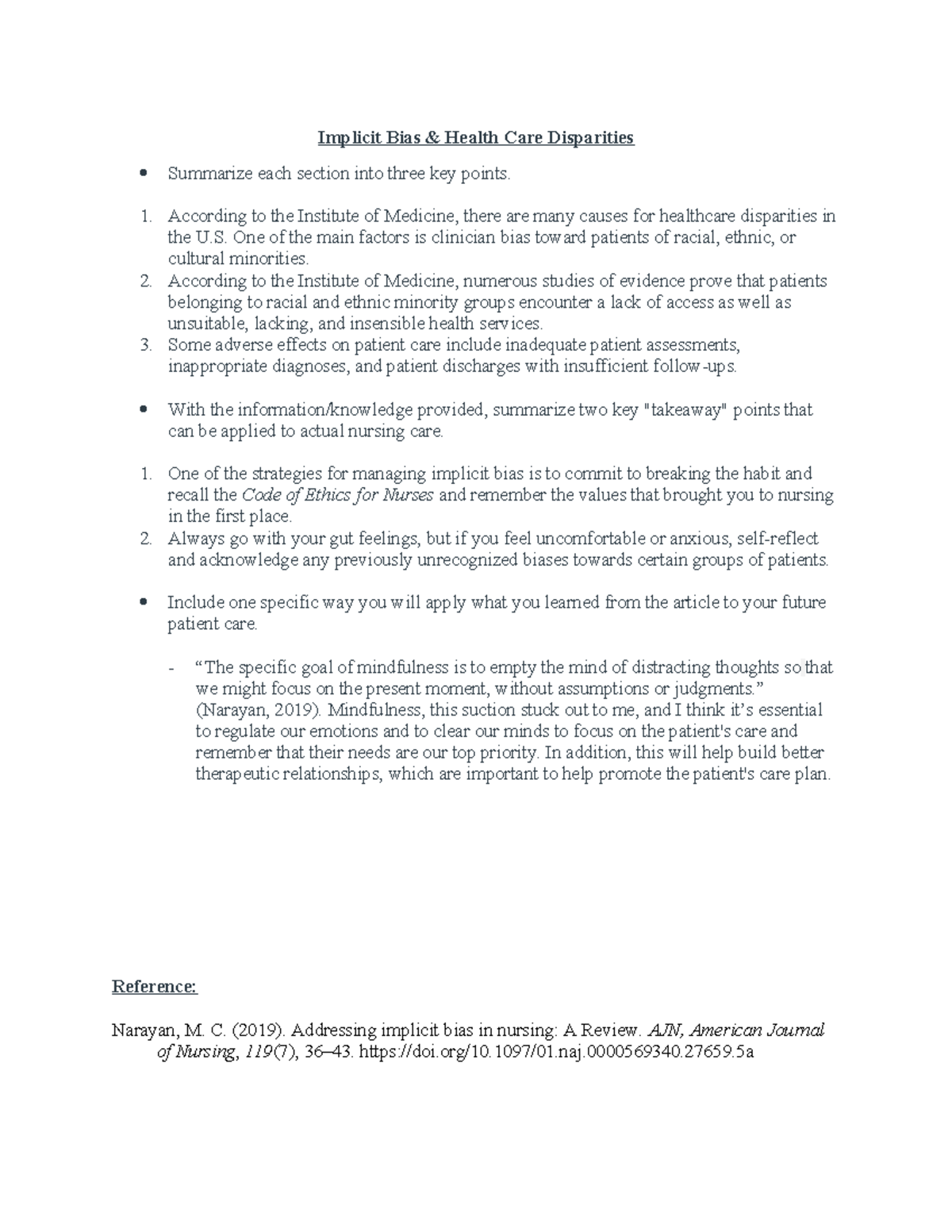 Nurs 110- Implicit Bias Assignment - Implicit Bias & Health Care Disparities Summarize each ...