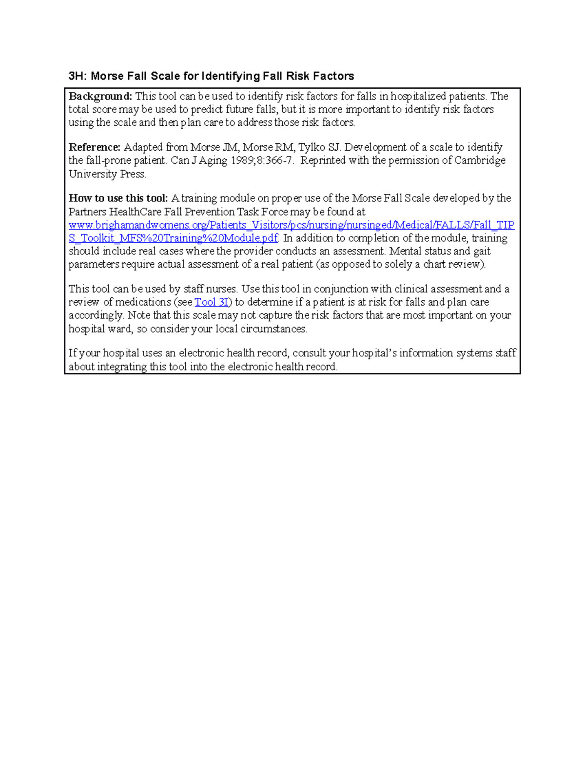 Morse Fall Scale Tool - 3H: Morse Fall Scale for Identifying Fall Risk ...