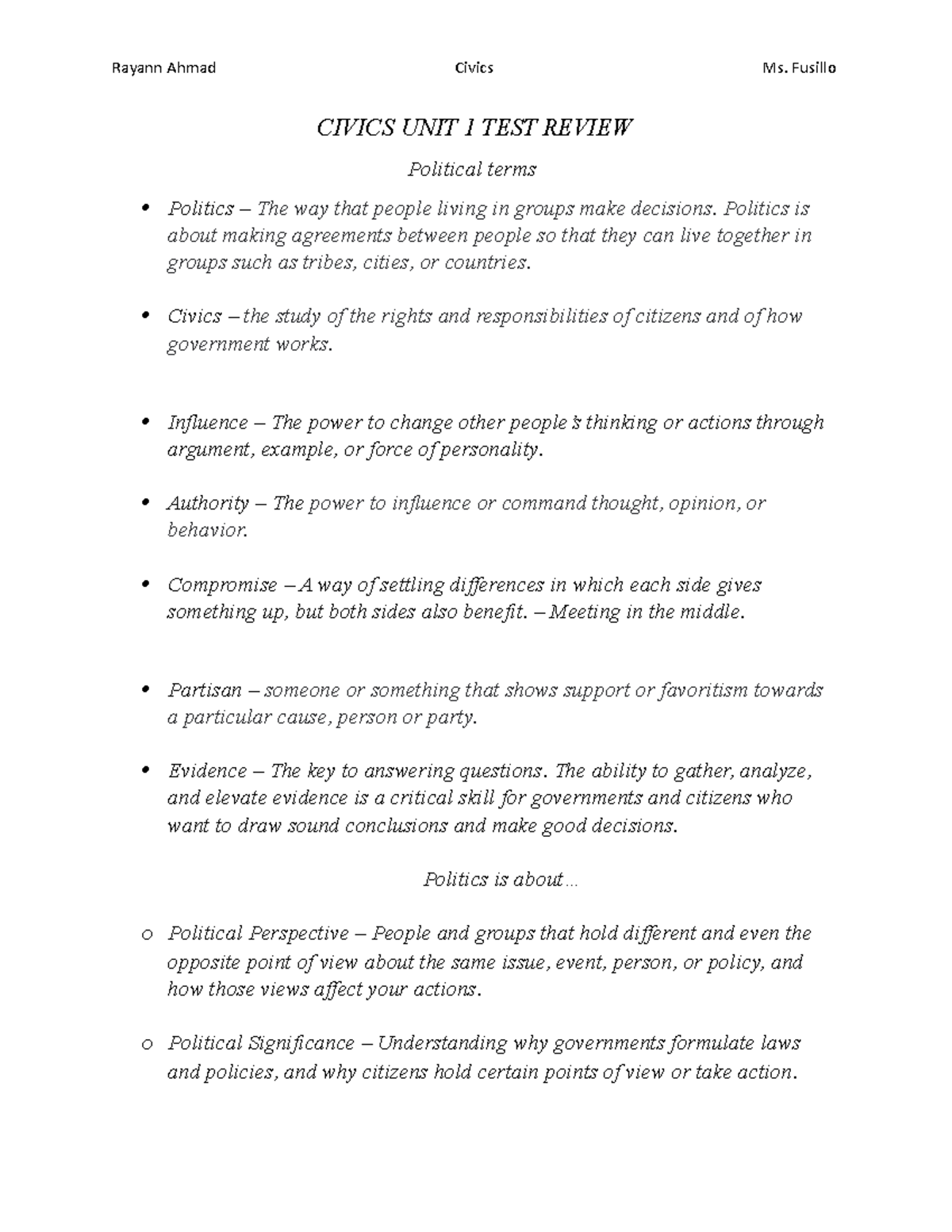 Civics UNIT 1 TEST Review - Rayann Ahmad Civics Ms. Fusillo CIVICS UNIT ...