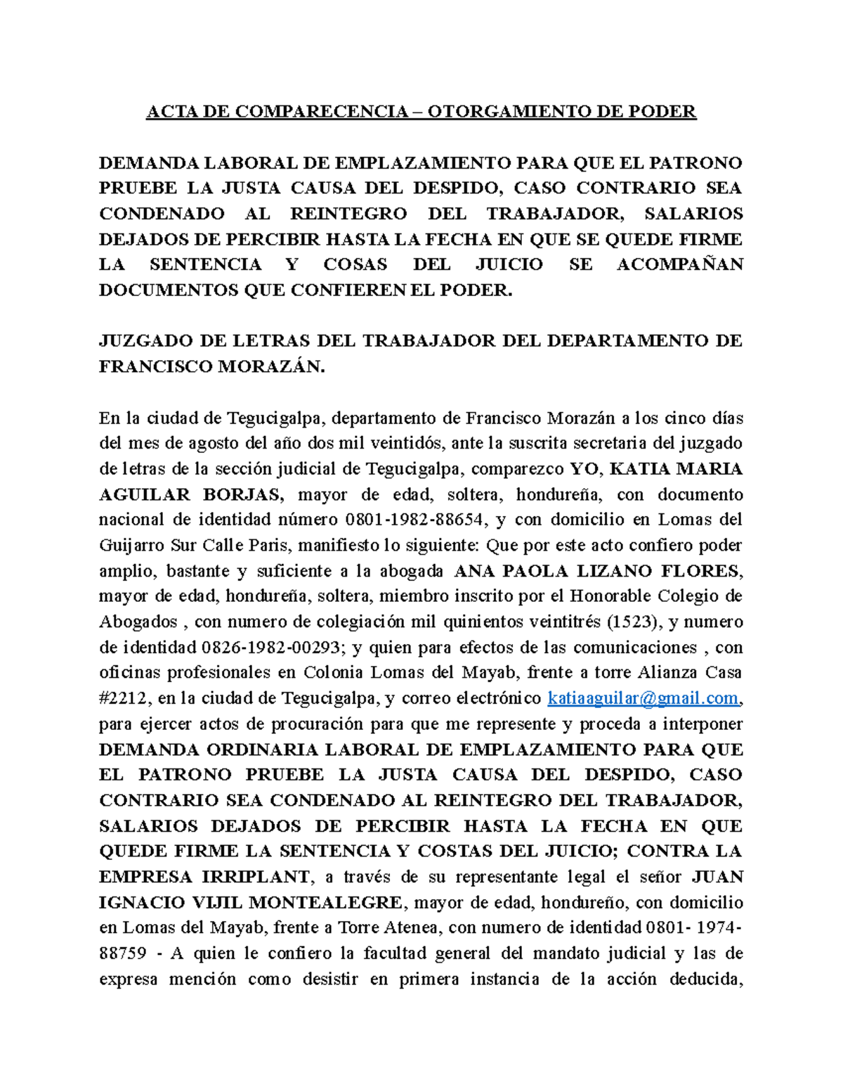 Otorgamiento de poder - ACTA DE COMPARECENCIA – OTORGAMIENTO DE PODER ...