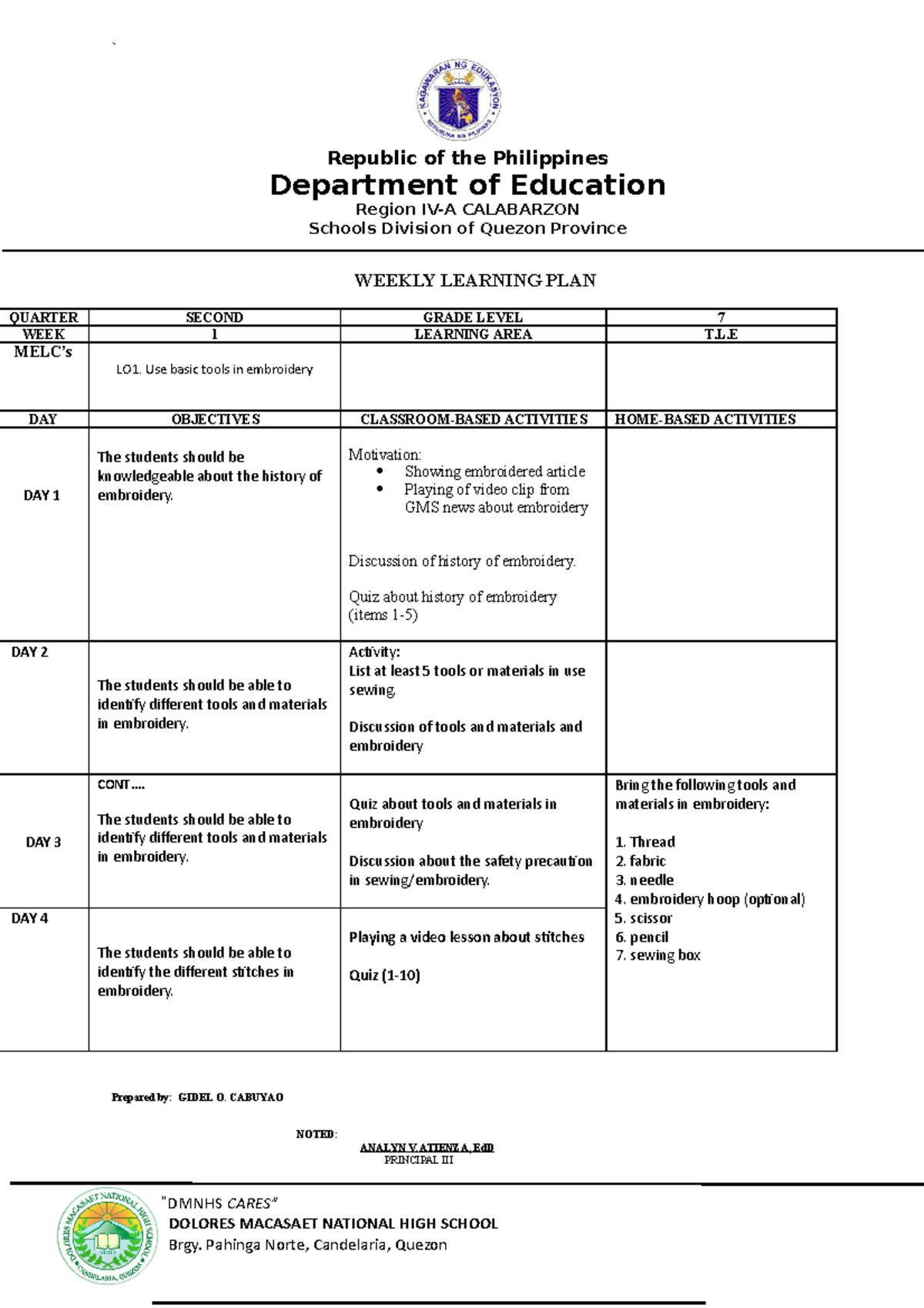 WEEK 1 Embroidery - ` WEEKLY LEARNING PLAN QUARTER SECOND GRADE LEVEL 7 WEEK 1 LEARNING AREA T.L ...