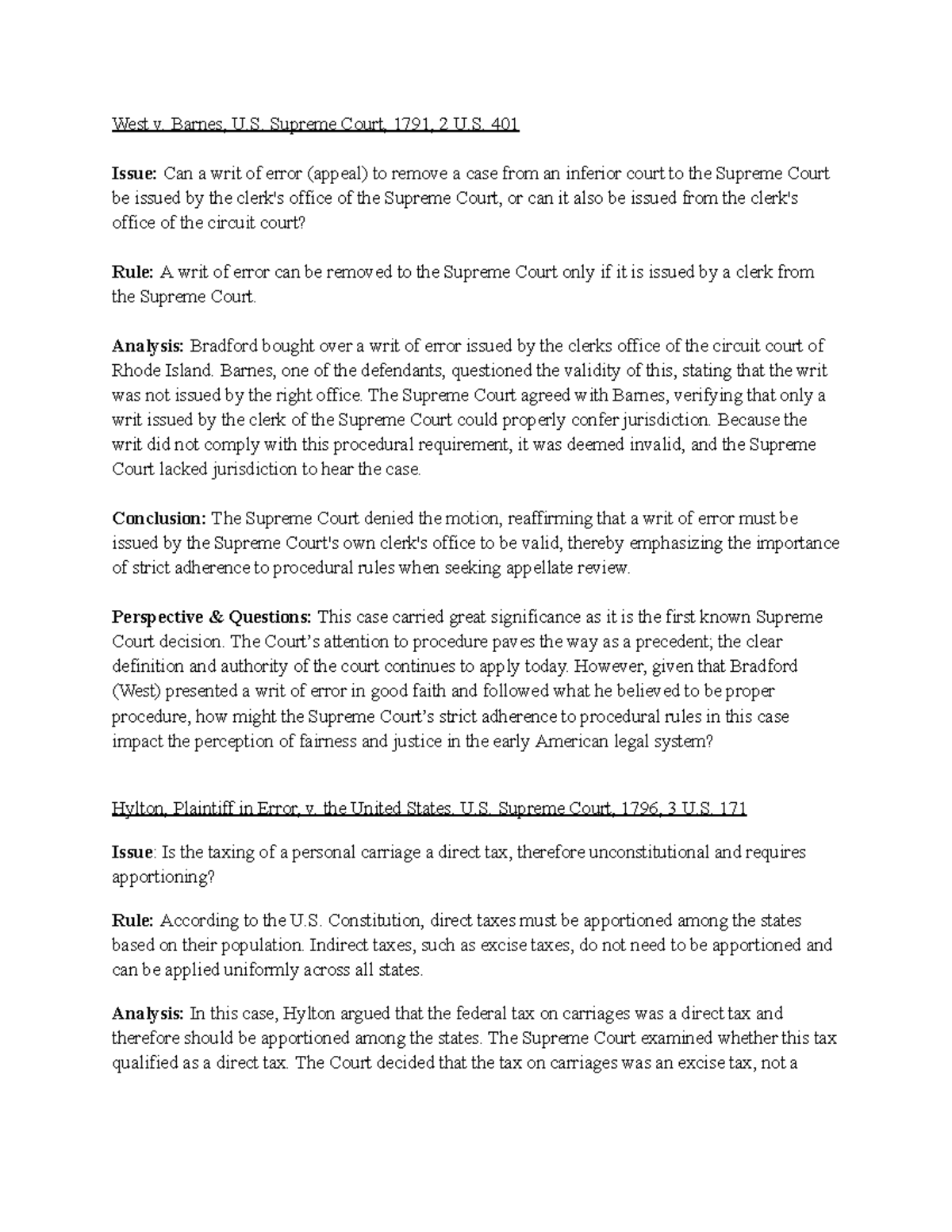 Week 1 IRAC - Weekly case brief homework. - West v. Barnes, U. Supreme ...
