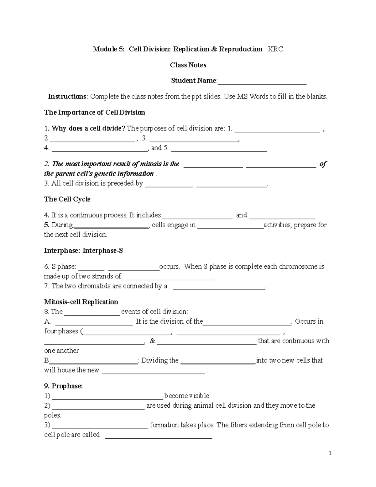 Module 5 class notes 2020 KRC - Module 5: Cell Division: Replication ...