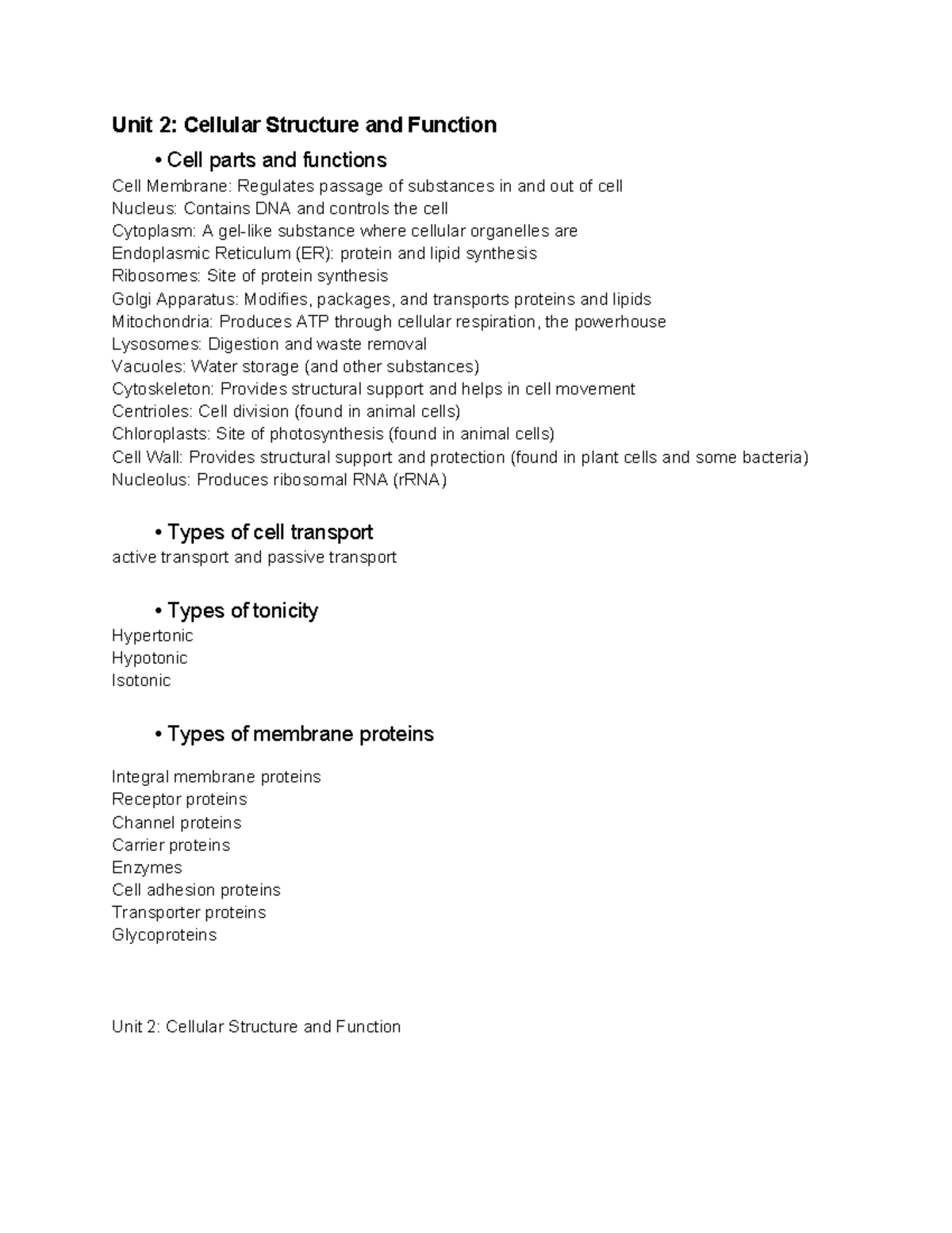 Lists To Know 2 Yes Unit 2 Cellular Structure And Function Cell