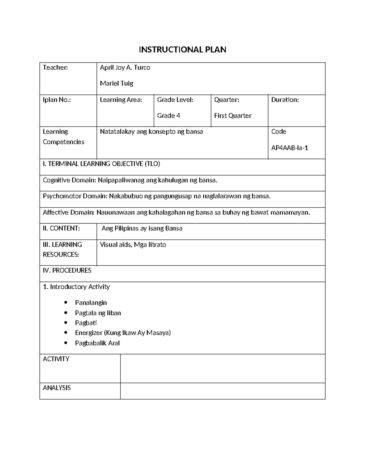 LPTemplate - To help others - INSTRUCTIONAL PLAN Teacher: April Joy A. Turco Mariel Tuig Iplan ...