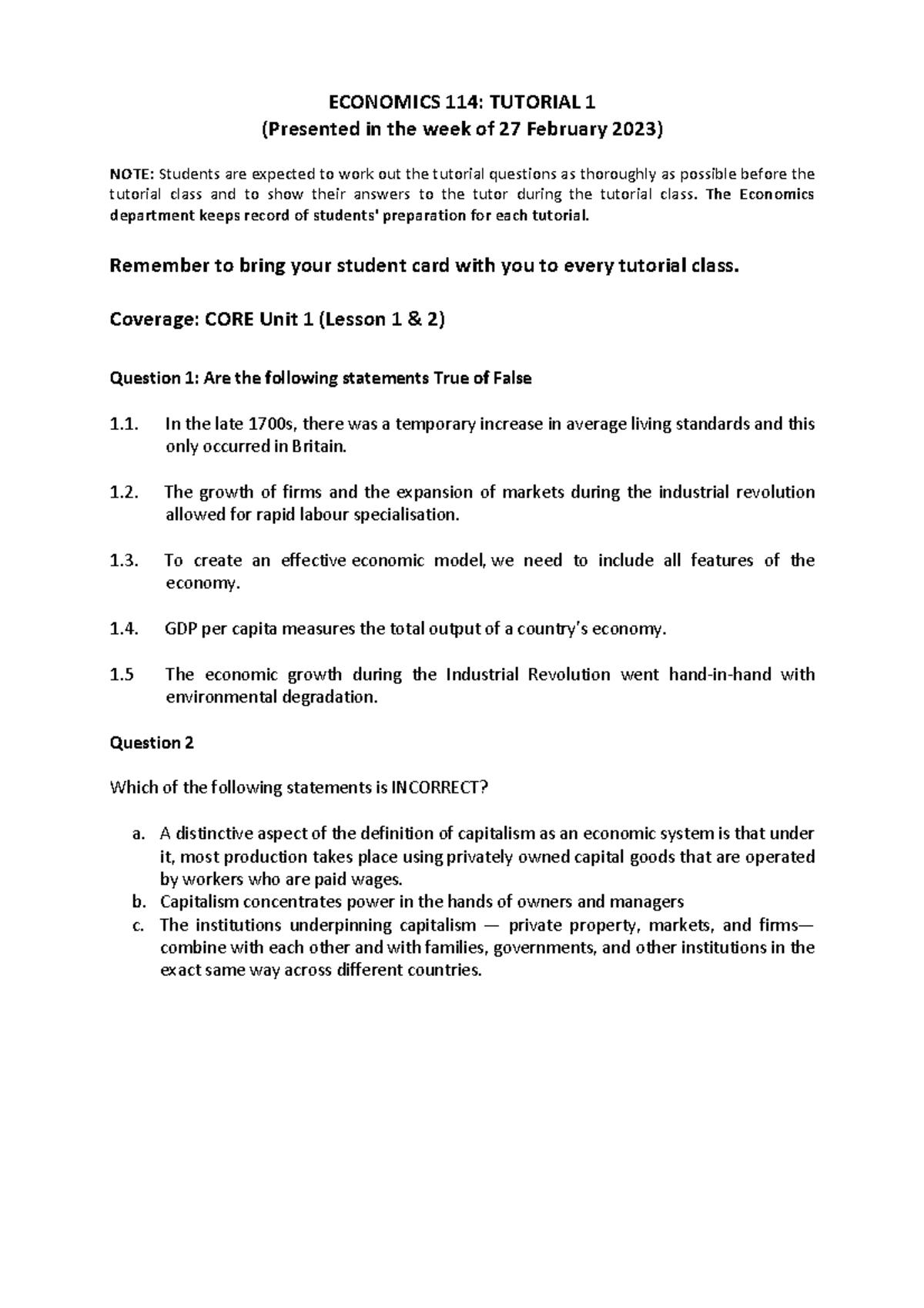 Tutorial 1 2023 students correct - ECONOMICS 114: TUTORIAL 1 (Presented ...
