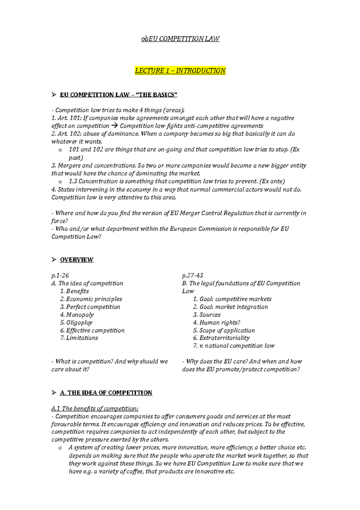 EU Competition LAW Notes 1, 2, 3 - obEU COMPETITION LAW LECTURE 1 ...