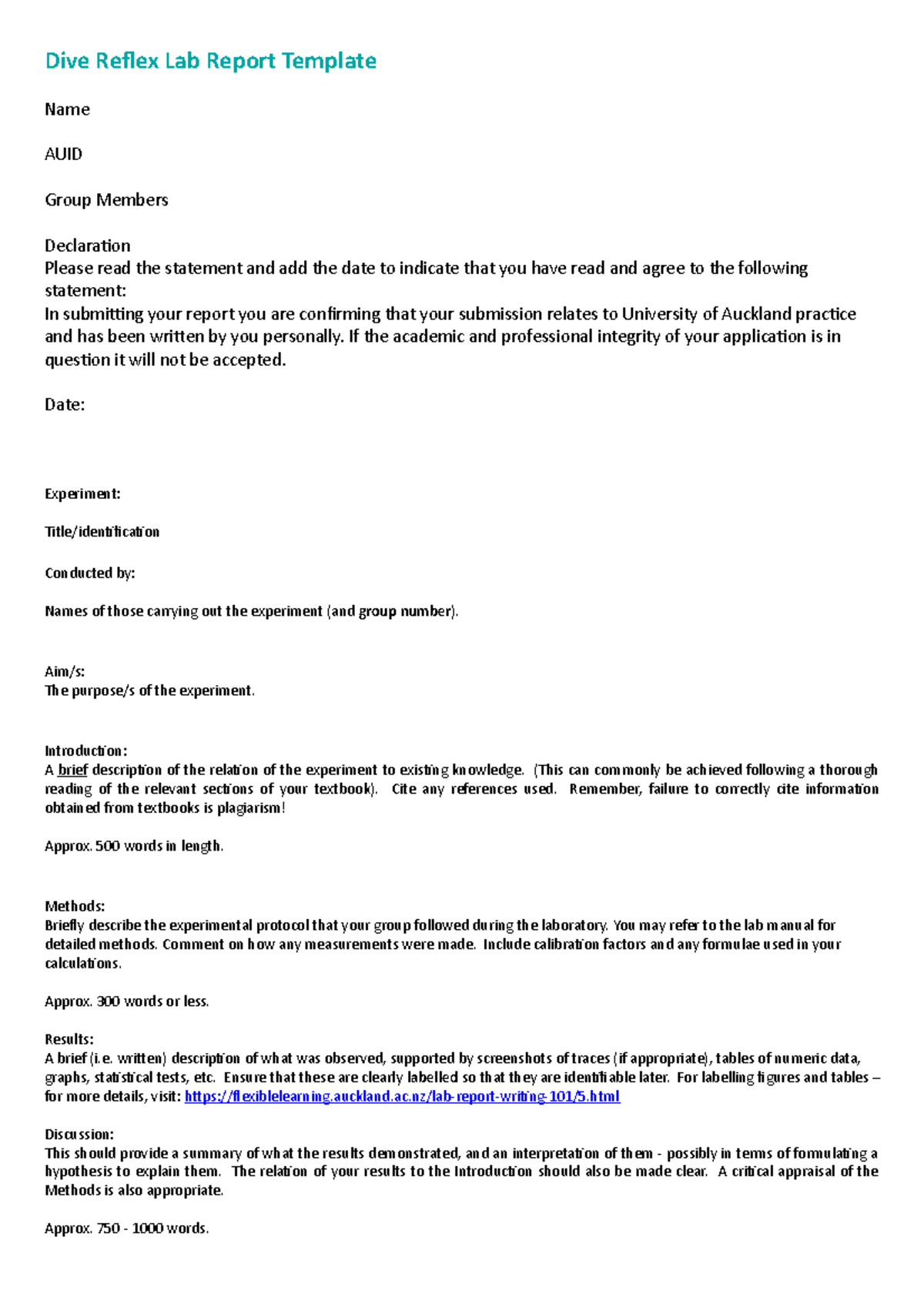 Medsci 205 Report 2 Template 2023 - Dive Reflex Lab Report Template Name AUID Group Members ...