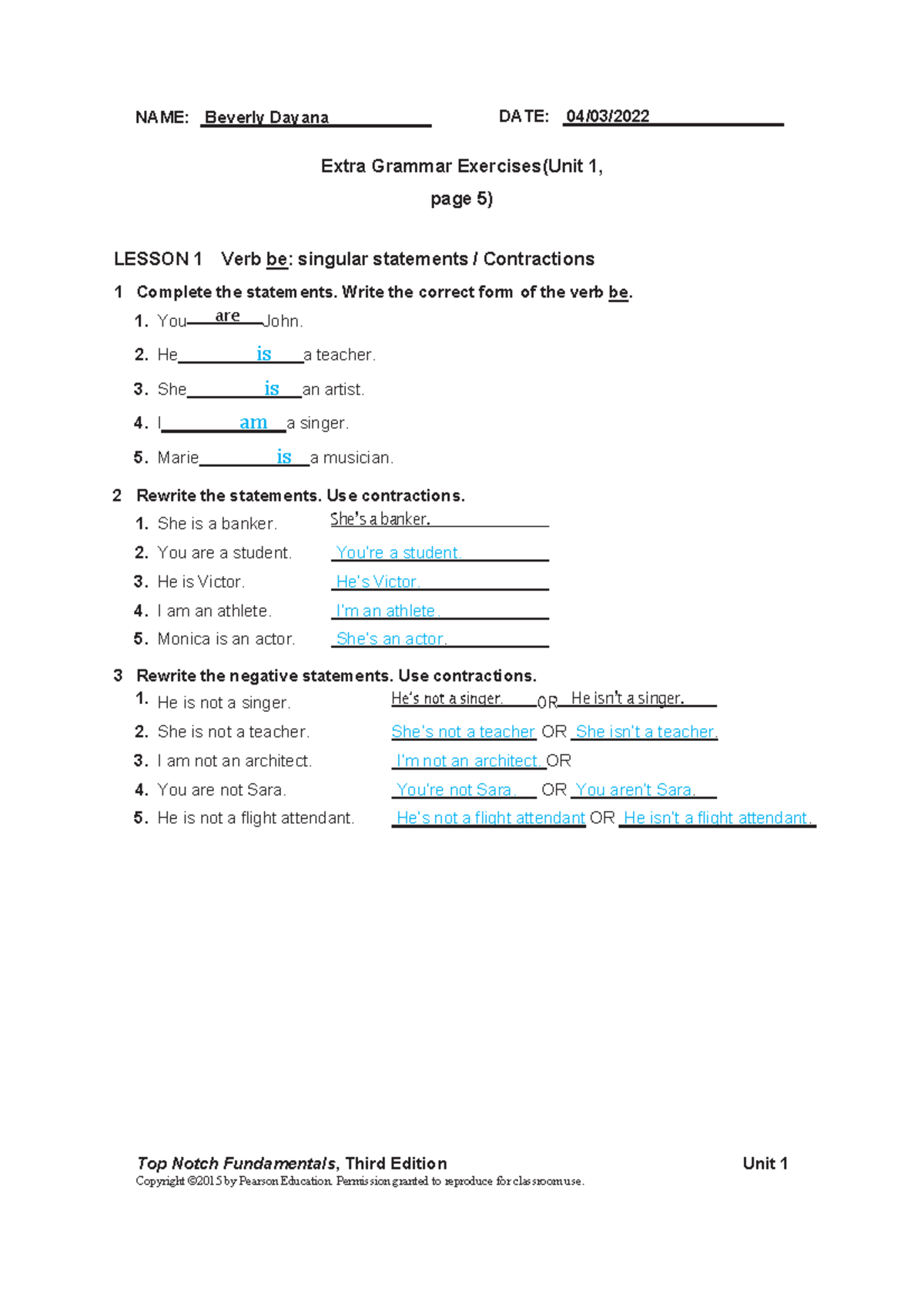 UNIT 01 Extra Grammar Exercises - Top Notch Fundamentals, Third Edition Unit 1 Extra Grammar ...