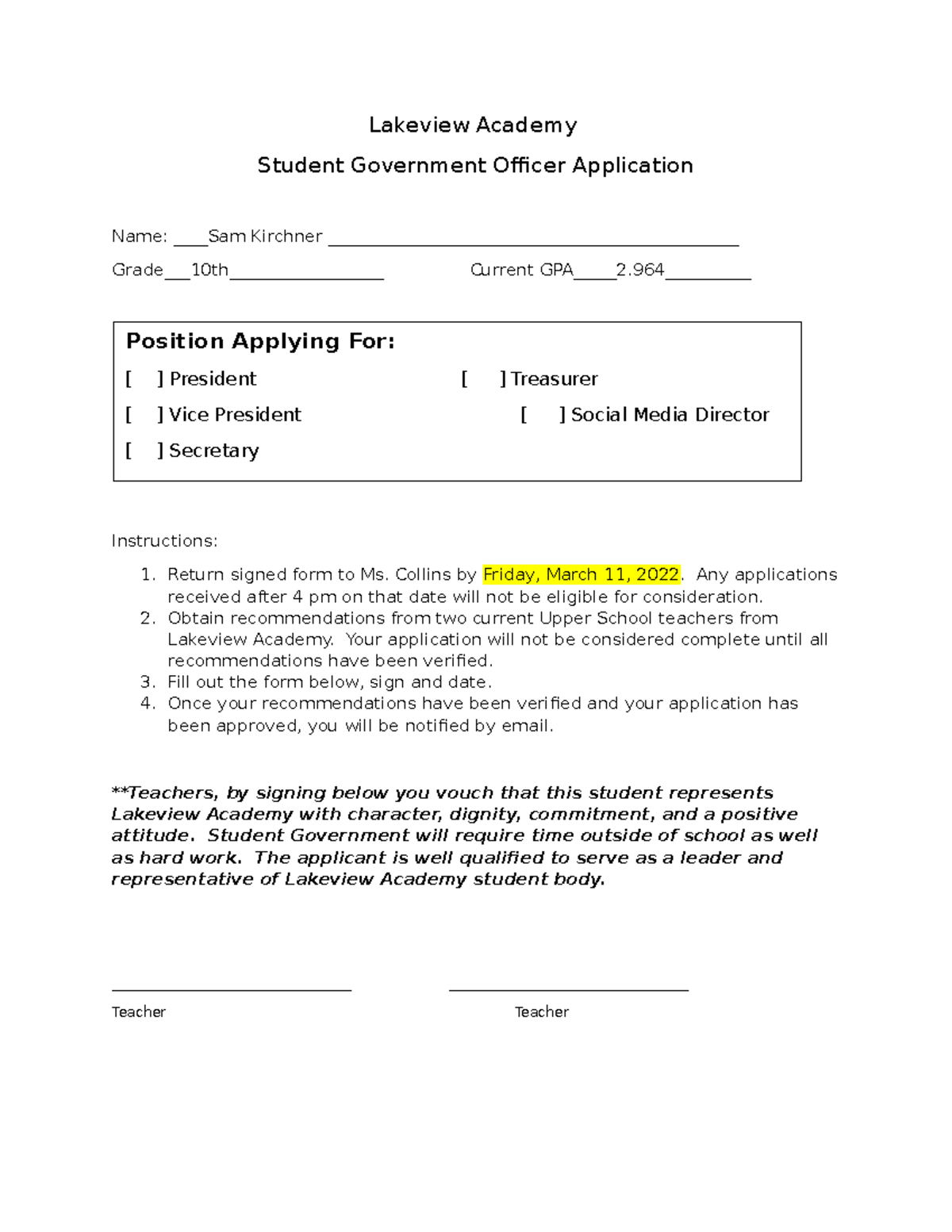 Student Government application for Retards - Lakeview Academy Student ...