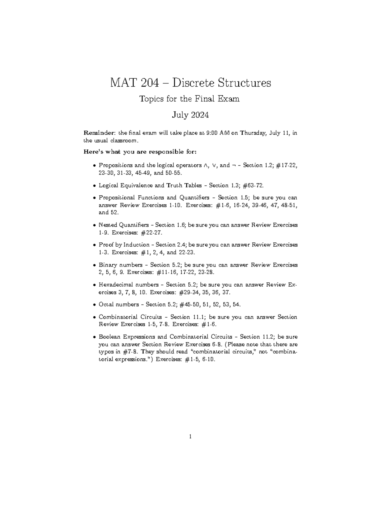 Su24 mat204 final review - MAT 204 – Discrete Structures Topics for the Final Exam July 2024 ...