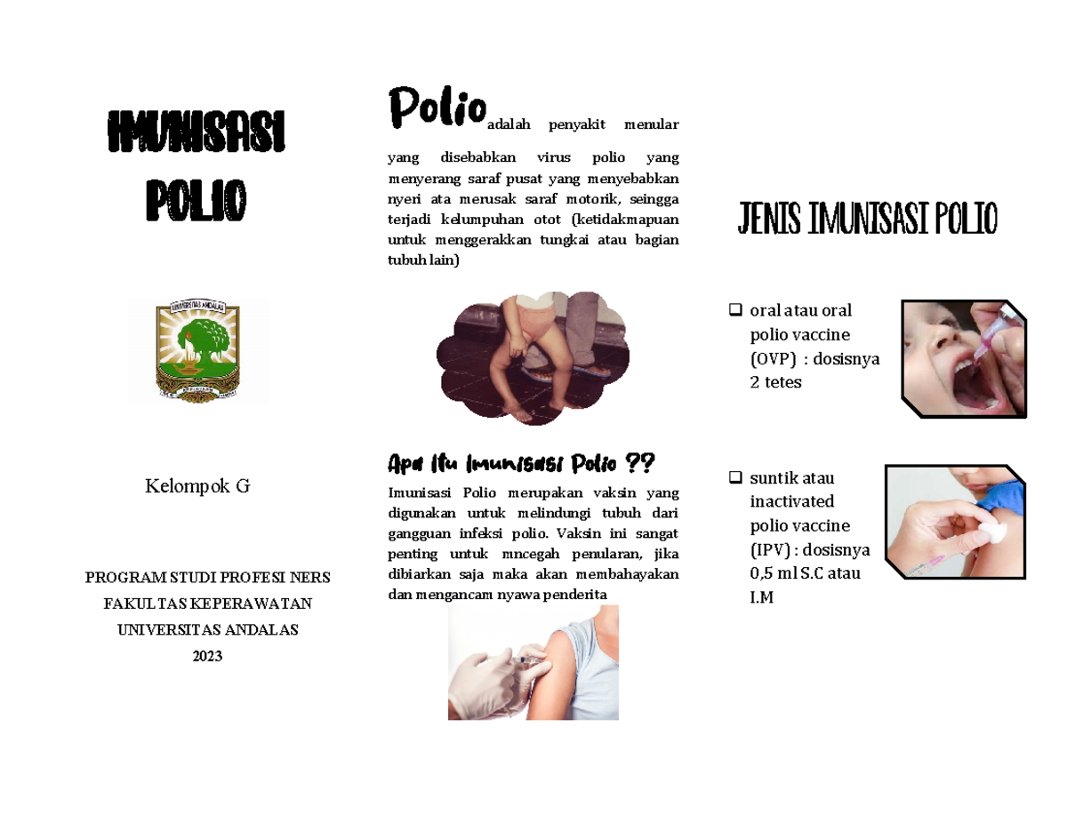 Polio - Leaflet - Imunisasi Polio Kelompok G PROGRAM STUDI PROFESI NERS FAKULTAS KEPERAWATAN ...