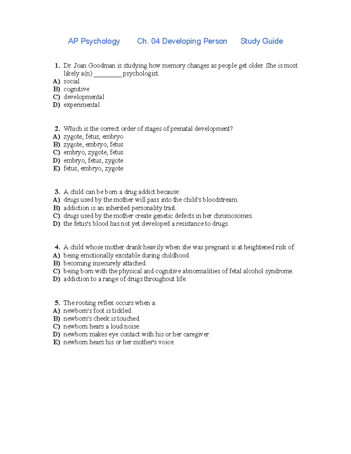 Ch04 Developing Person - AP Psychology Ch. 04 Developing Person Study ...