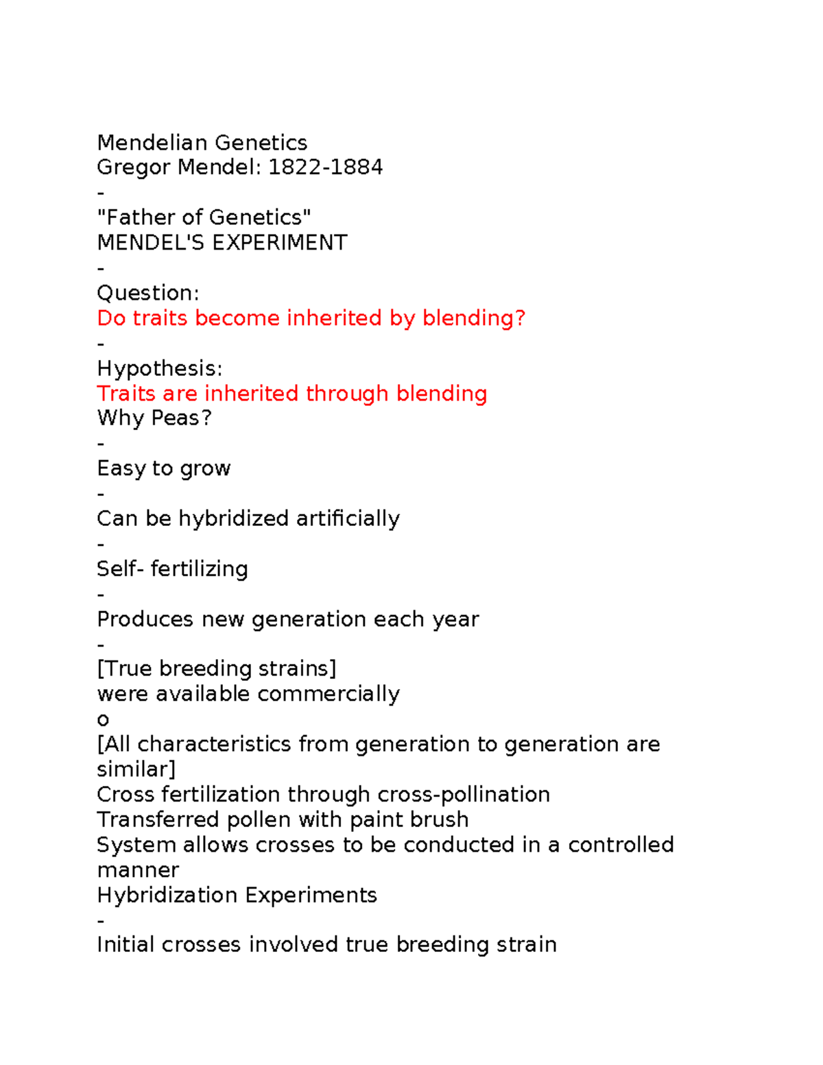 Mendelian Genetics notes - Mendelian Genetics Gregor Mendel: 1822 ...
