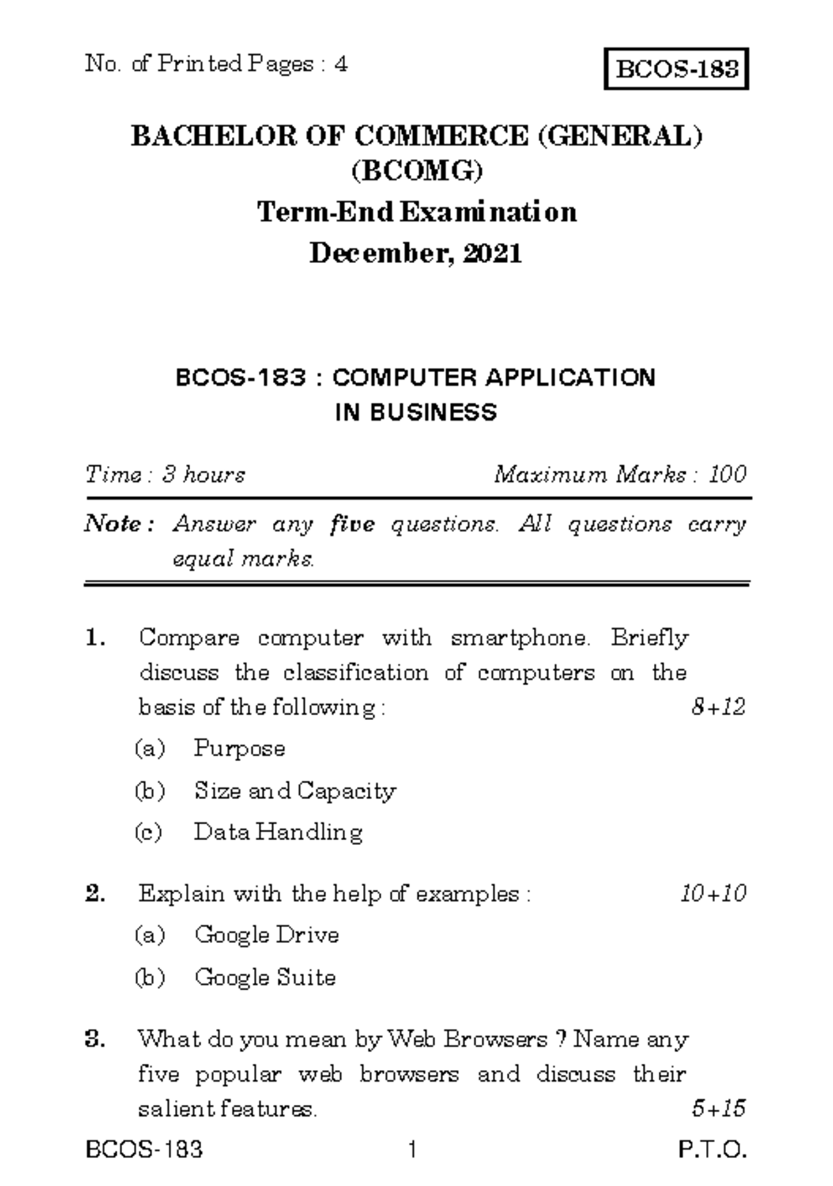 BCOS-183 - T. BCOS- BACHELOR OF COMMERCE (GENERAL) (BCOMG) Term-End ...