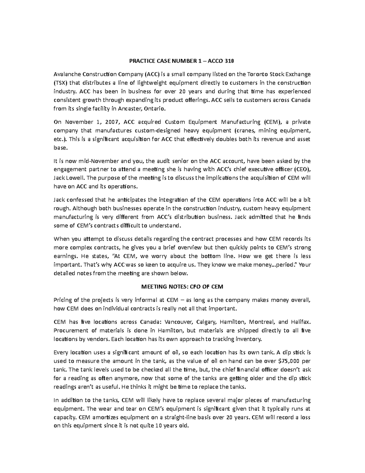 Practice cases (Post Midterm) - PRACTICE CASE NUMBER 1 – ACCO 310 ...