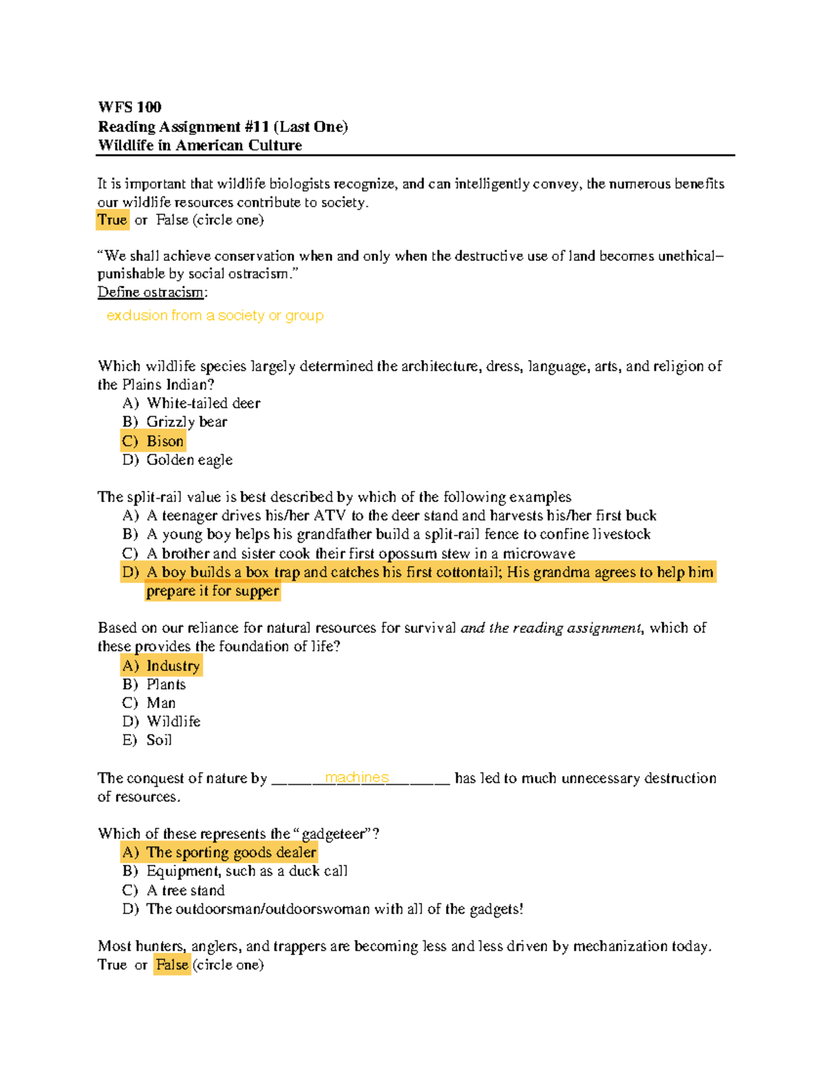 11-Questions Wildlife In American Culture - WFS 100 Reading Assignment ...