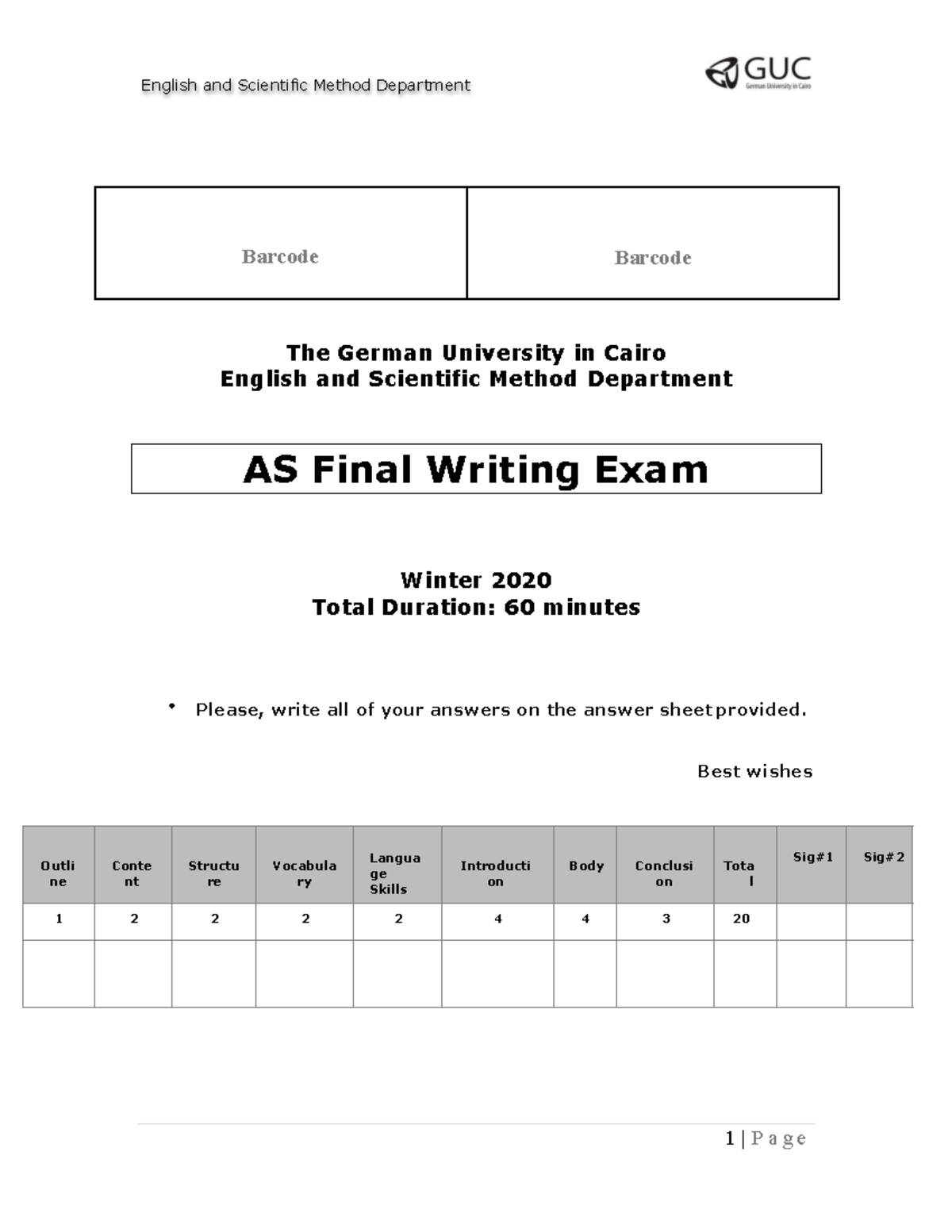 Final english exam writing - The German University in Cairo English and ...