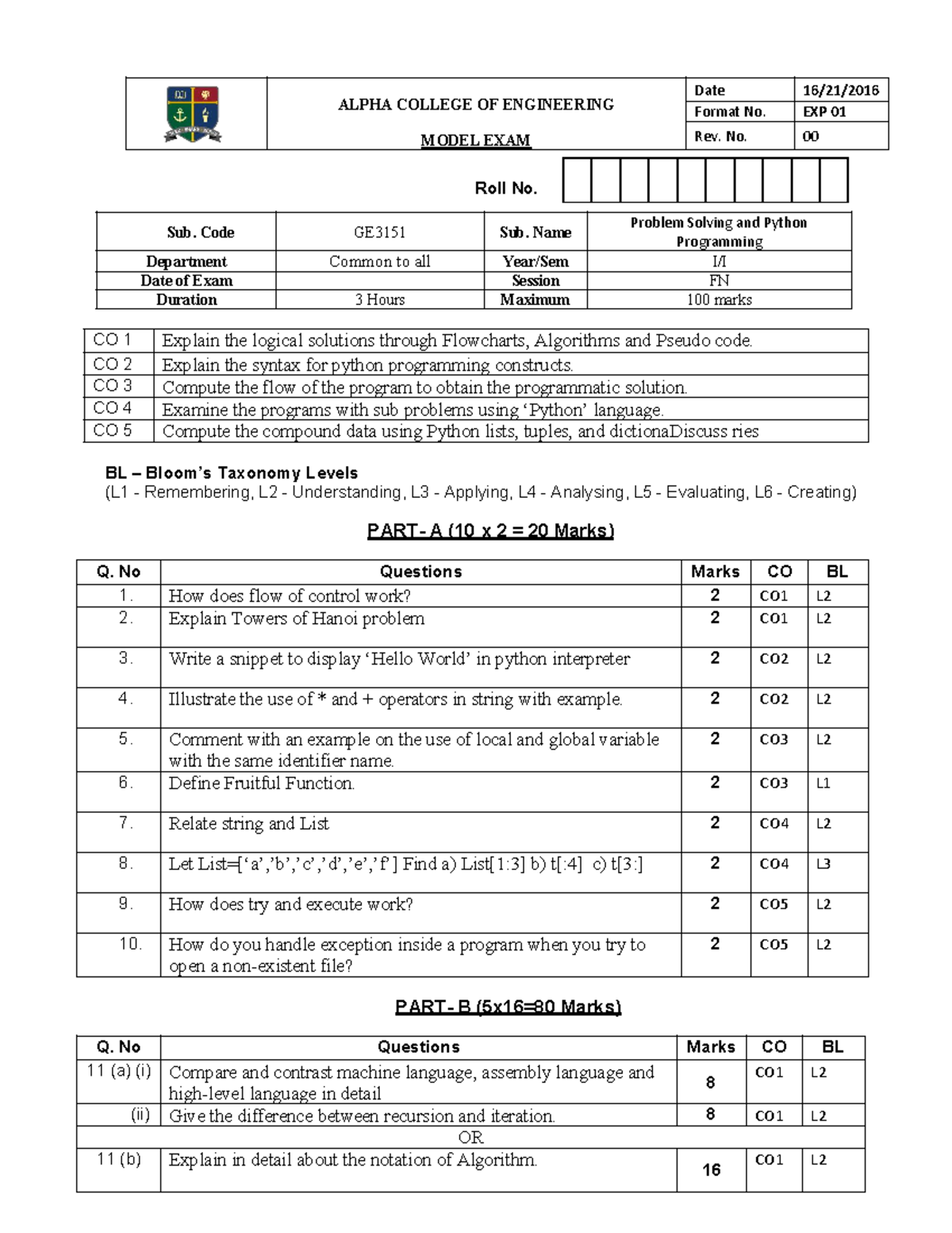 GE3151 PSPP ND22 - Tense - ALPHA COLLEGE OF ENGINEERING MODEL EXAM Date ...